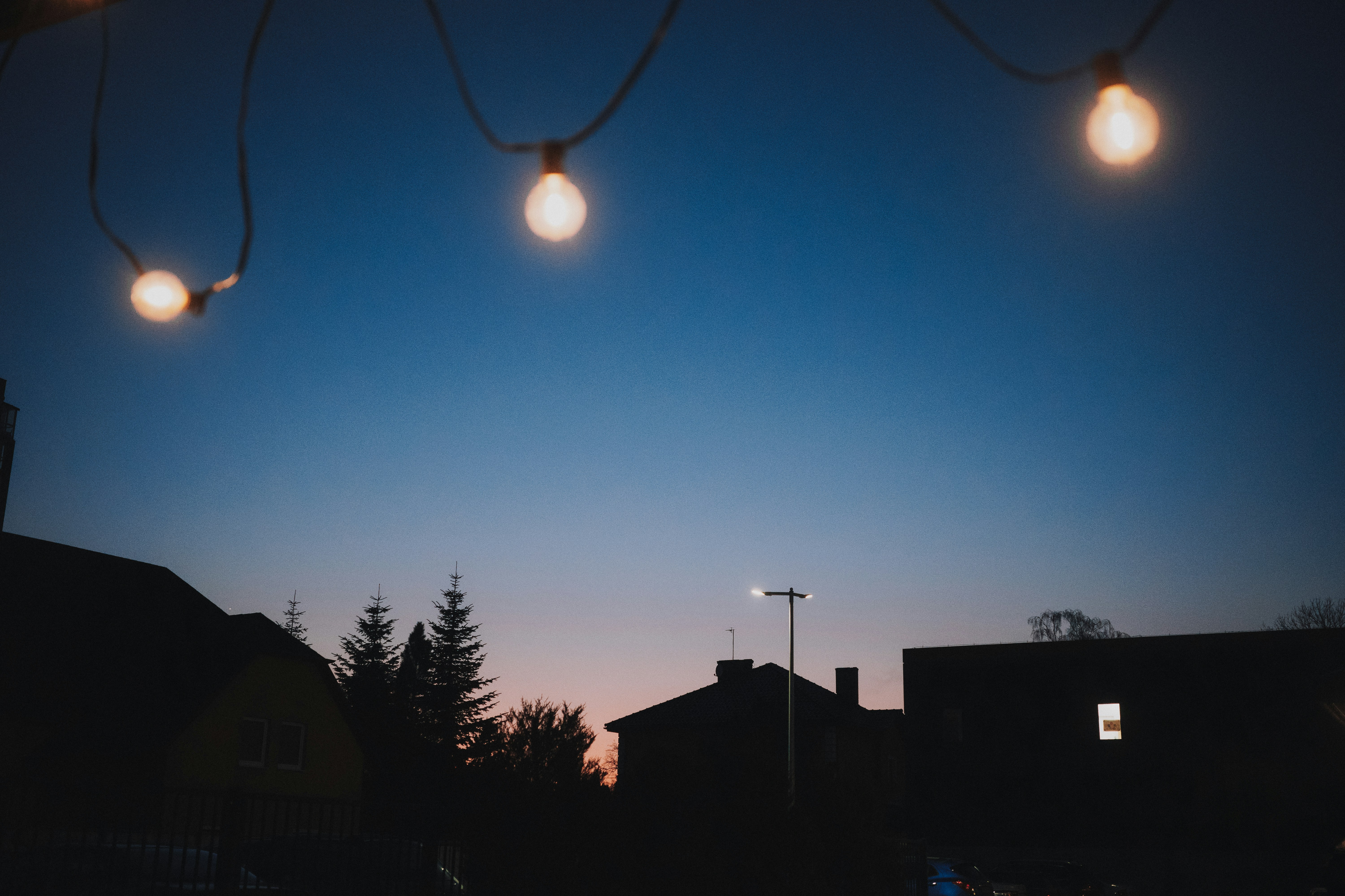 Twilight Skyline with Hanging Globe Lights
