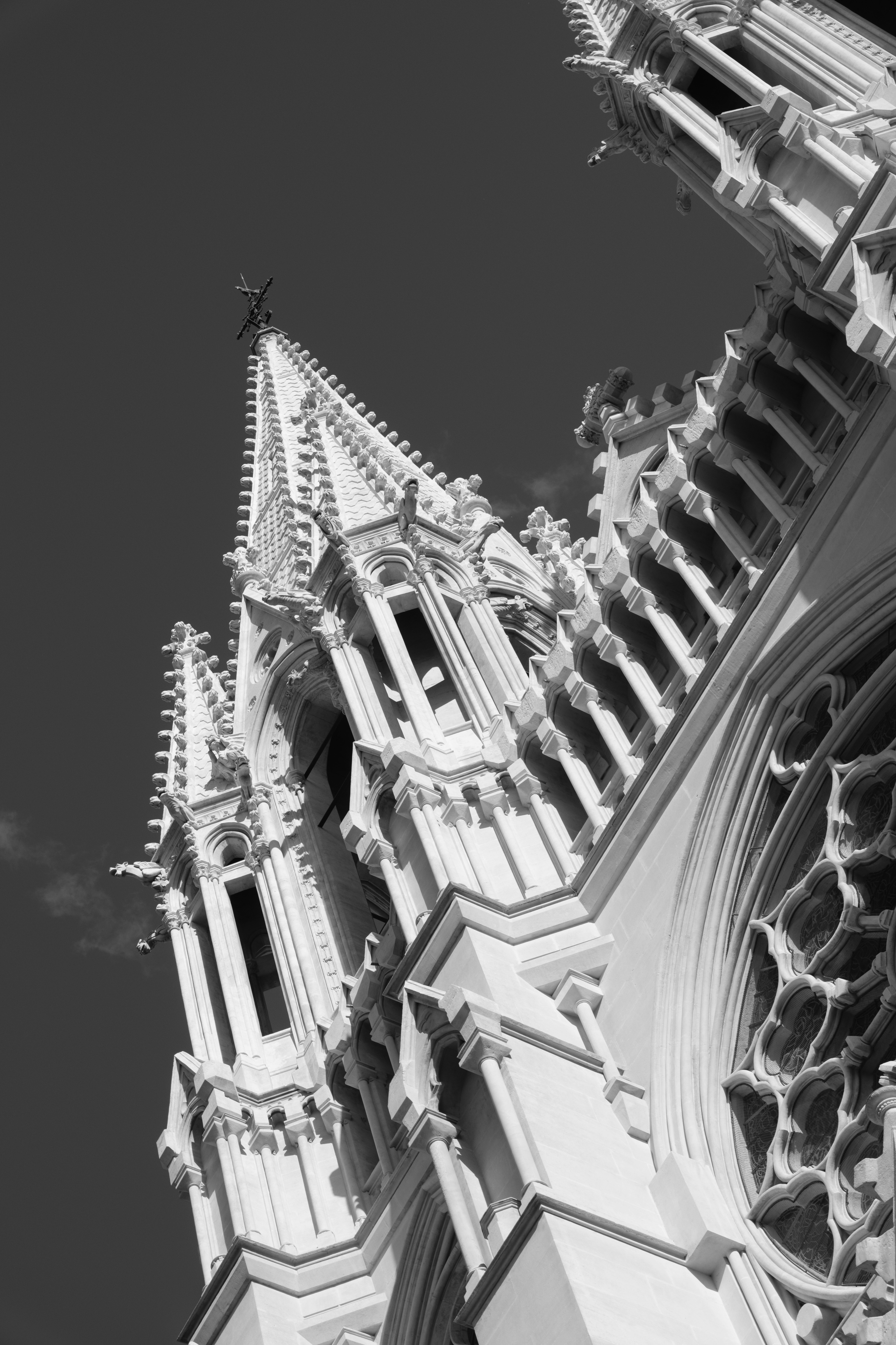 Gothic Spires Reaching Skyward: A Monochrome Cathedral Tilt
