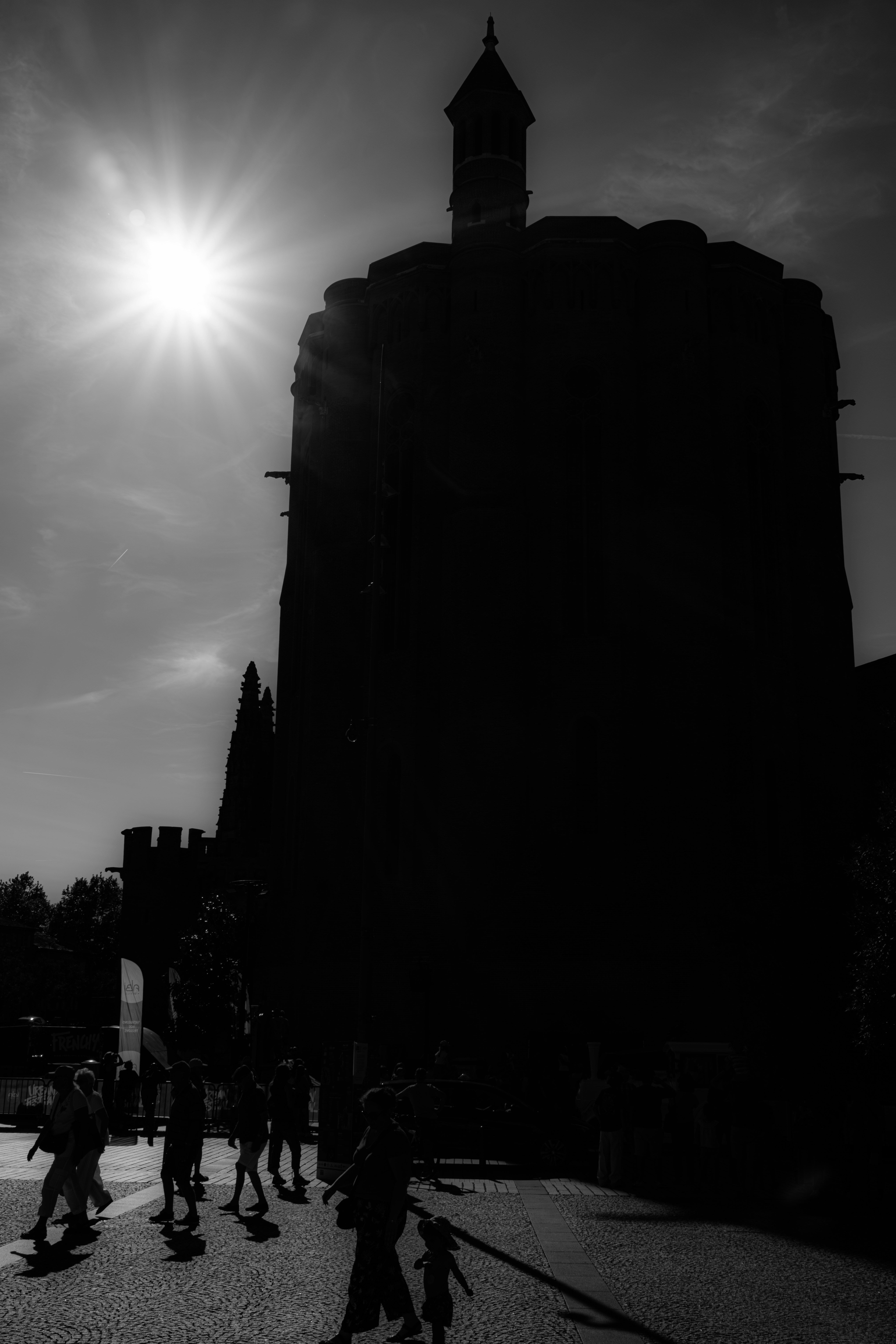 Sunlit silhouette: a towering ruin against a bright sky