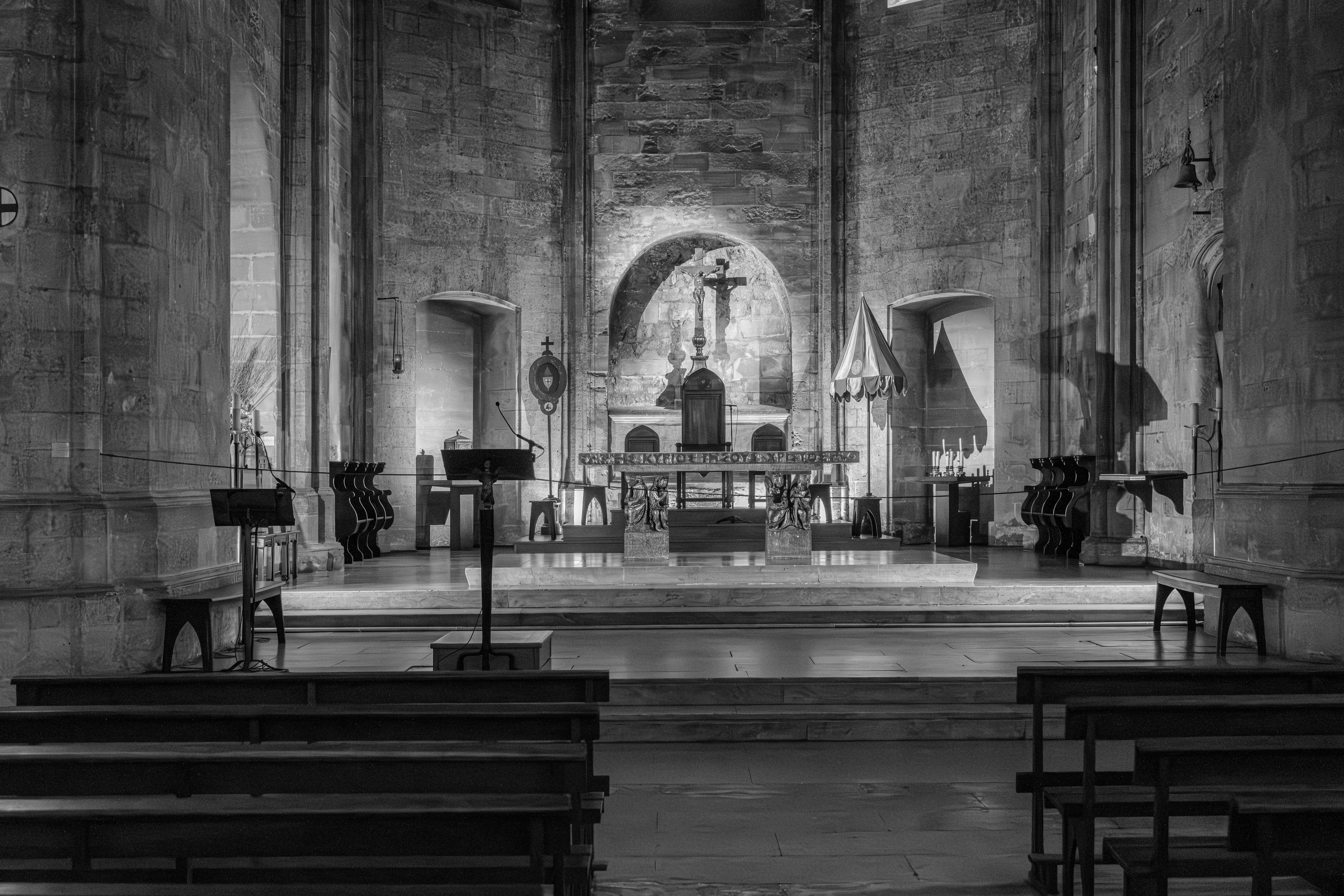 Silence at the Altar: A Dim Cathedral Hall in Monochrome