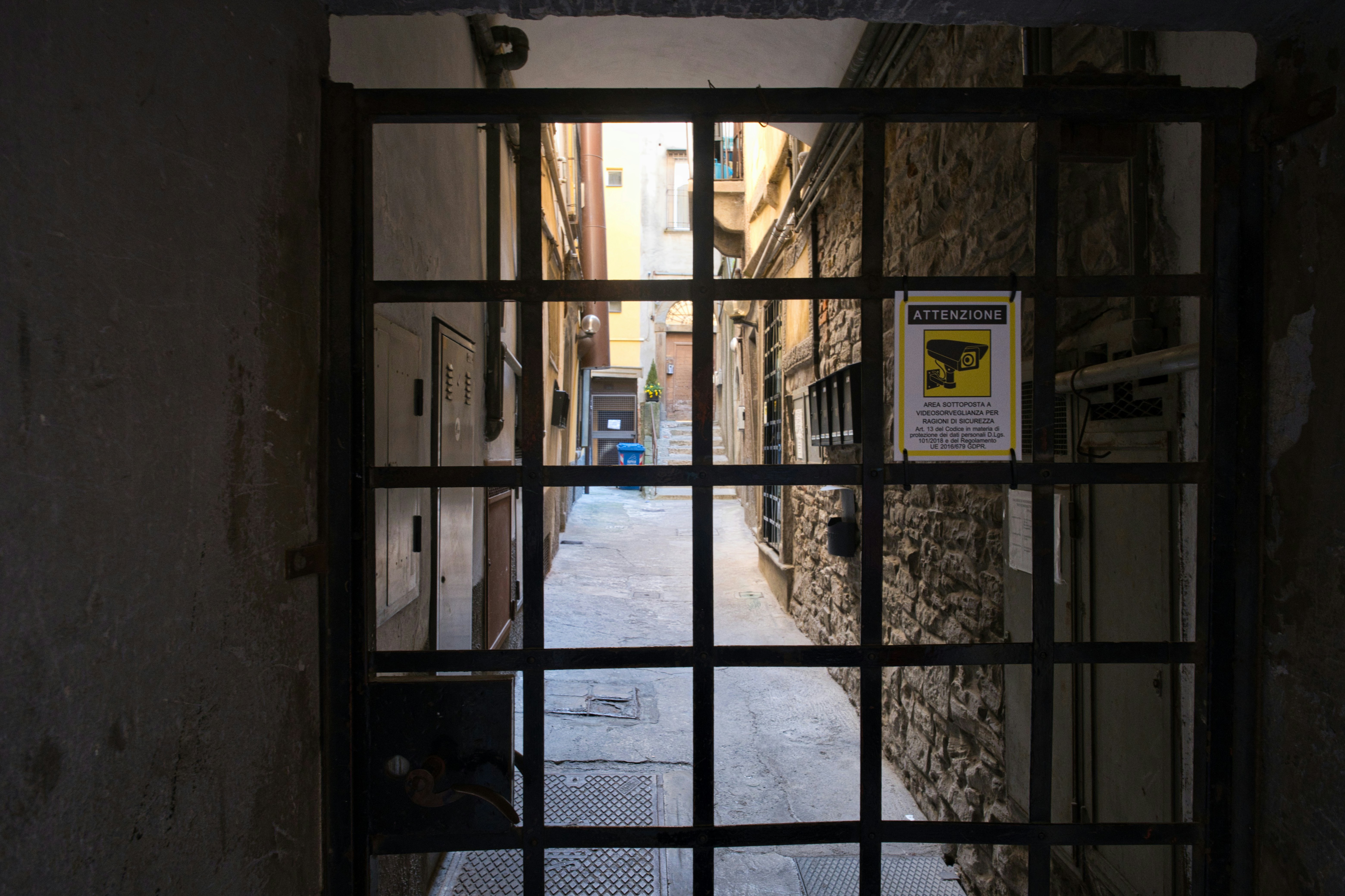 Through the Narrow Gate: Sunlit Alley Beyond a Gridded Door