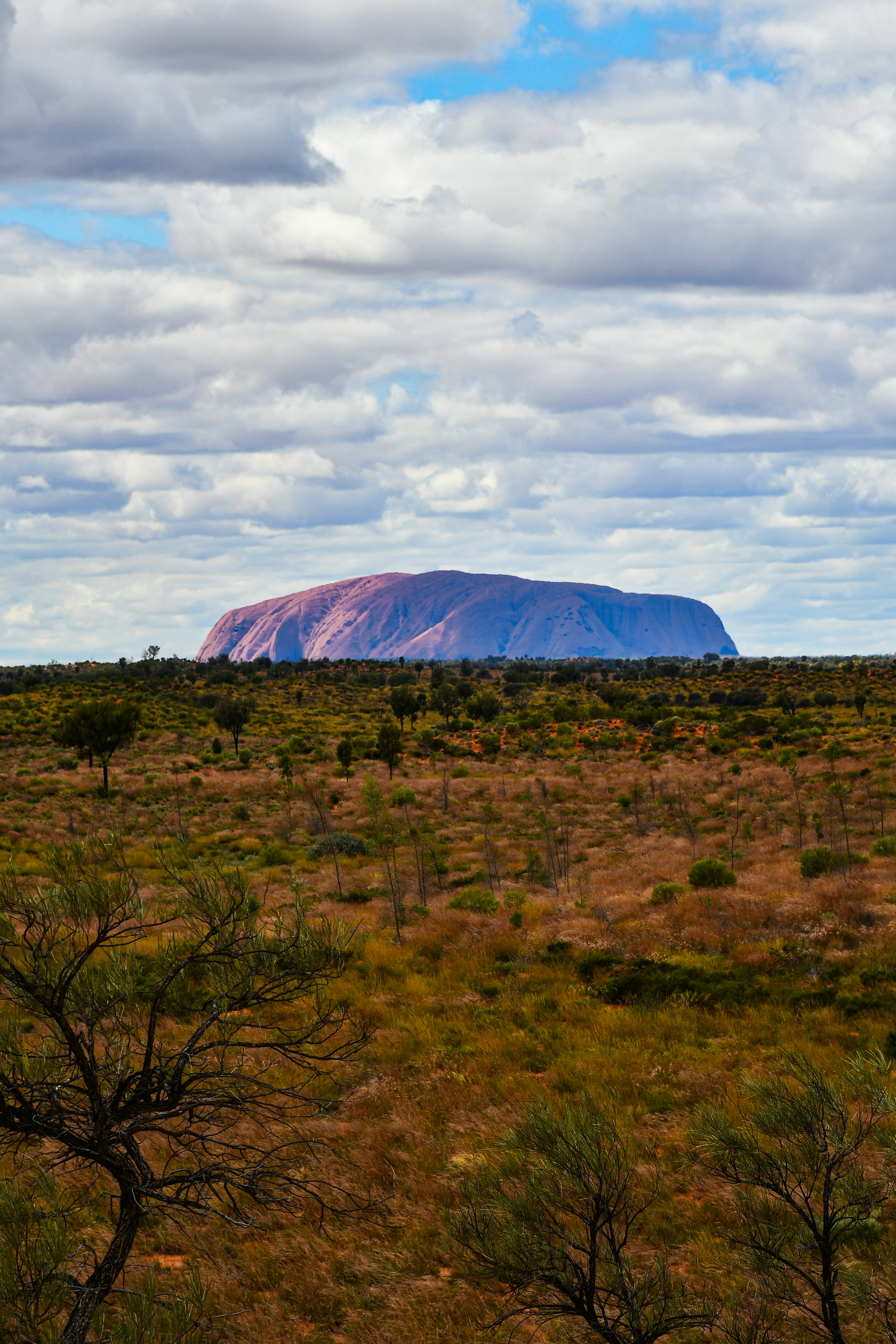 Uluru-like silhouette rising over a sunlit scrubland