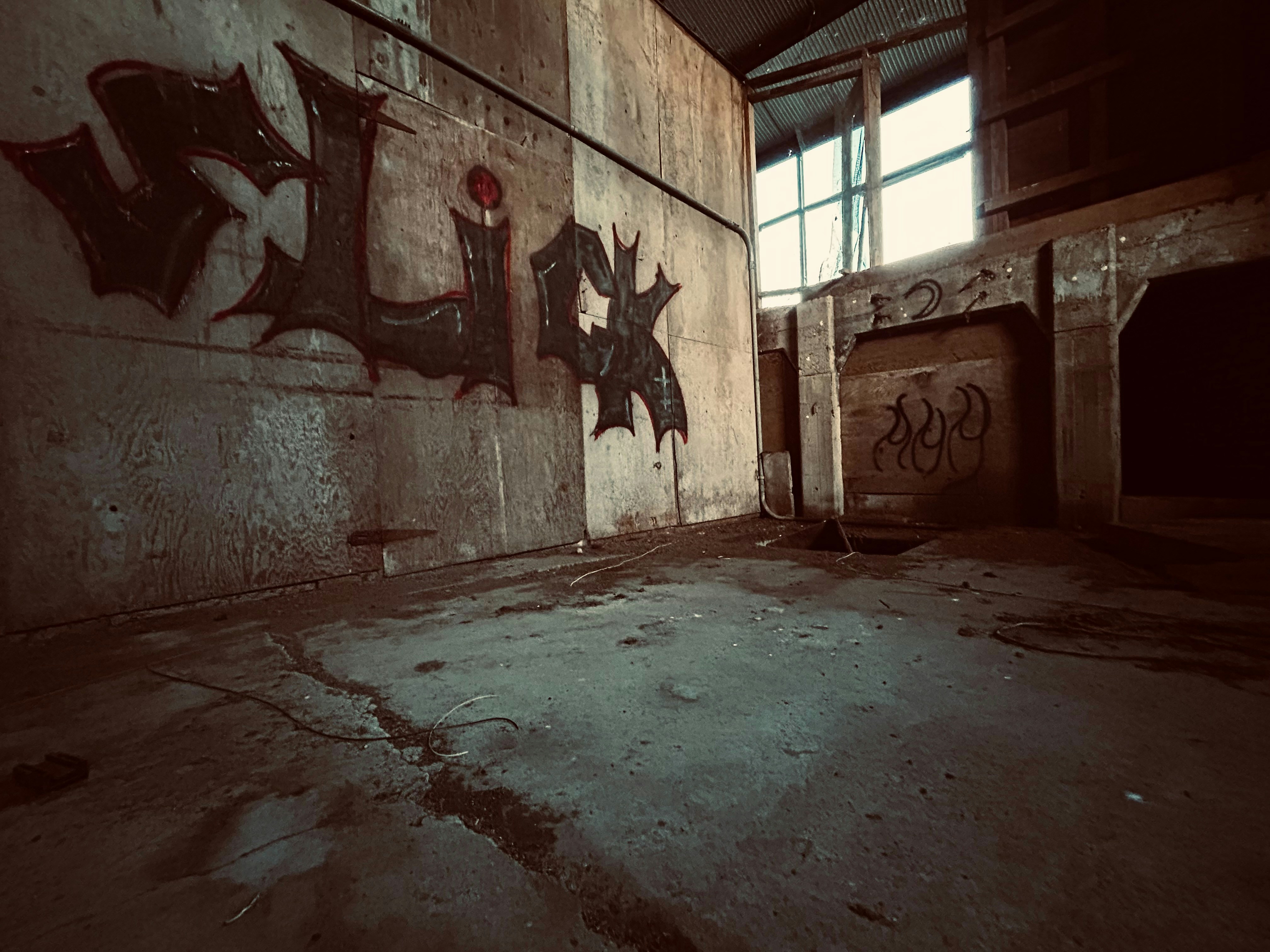 Graffitied Abode: Echoes of an Empty Industrial Room