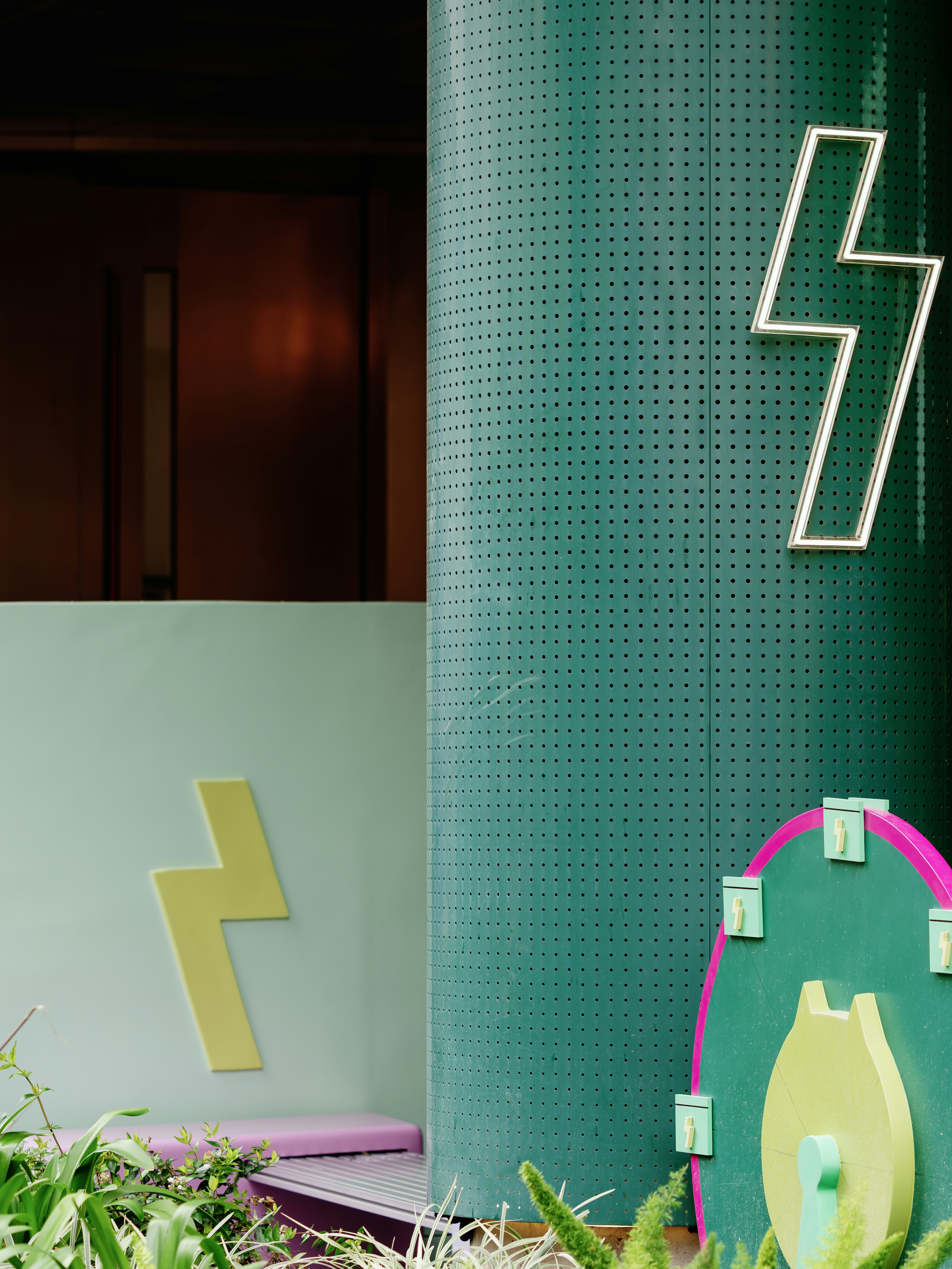 Electric Green Columns and Neon Accents