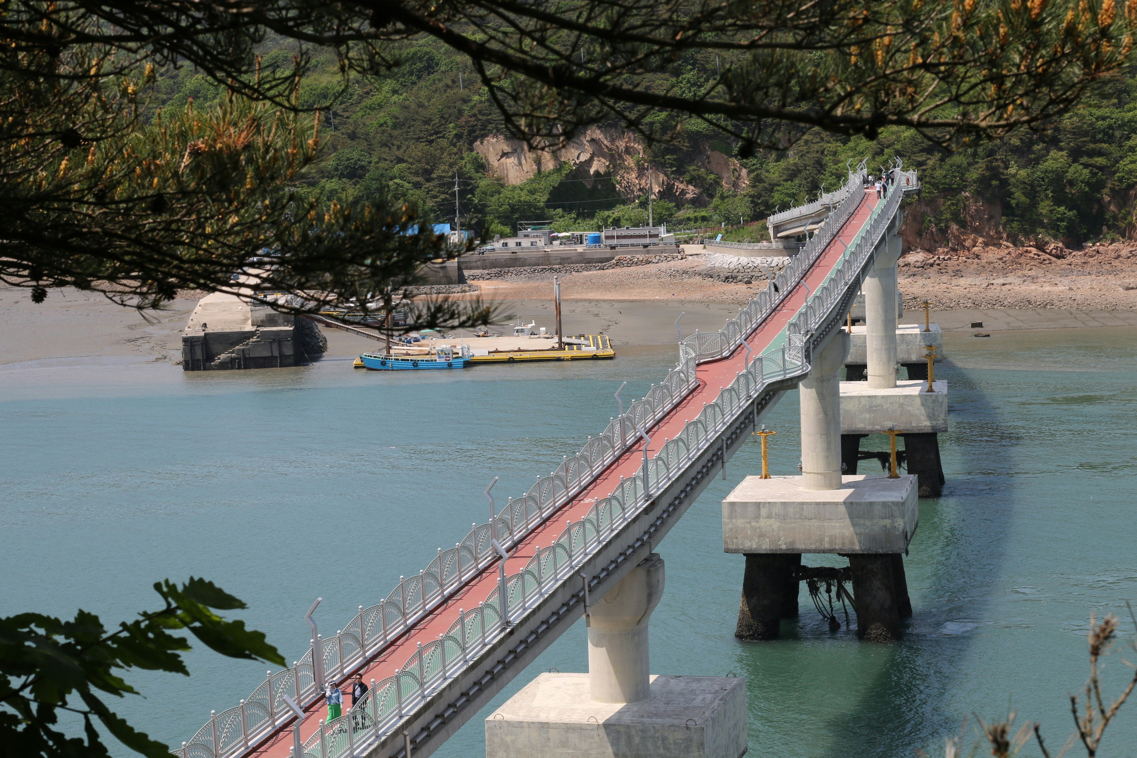 Bridge to blue-green Tide: A seaside pedestrian span over tranquil water