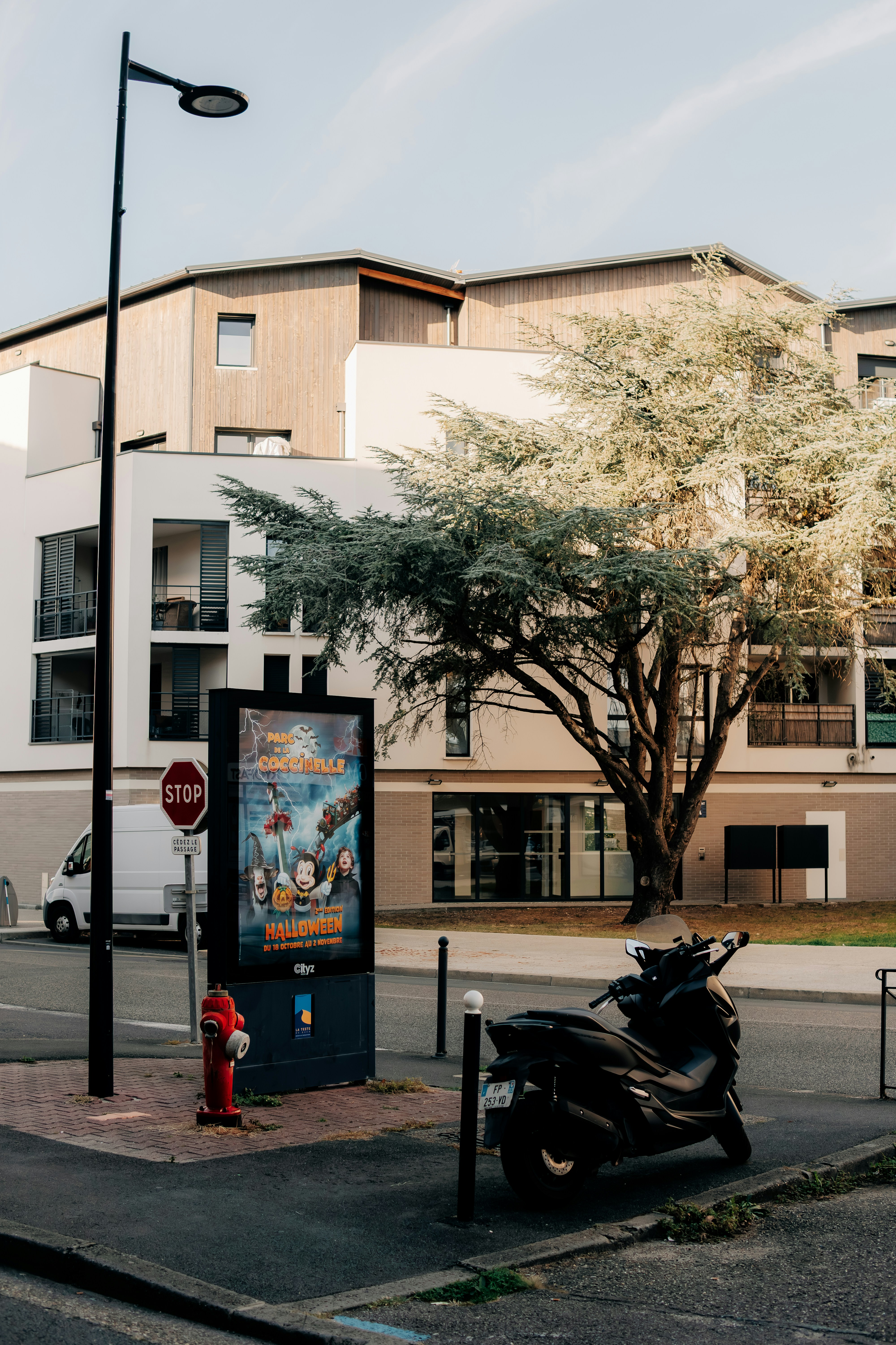 Urban Street Scene with Shaded Tree and Movie Poster Stand