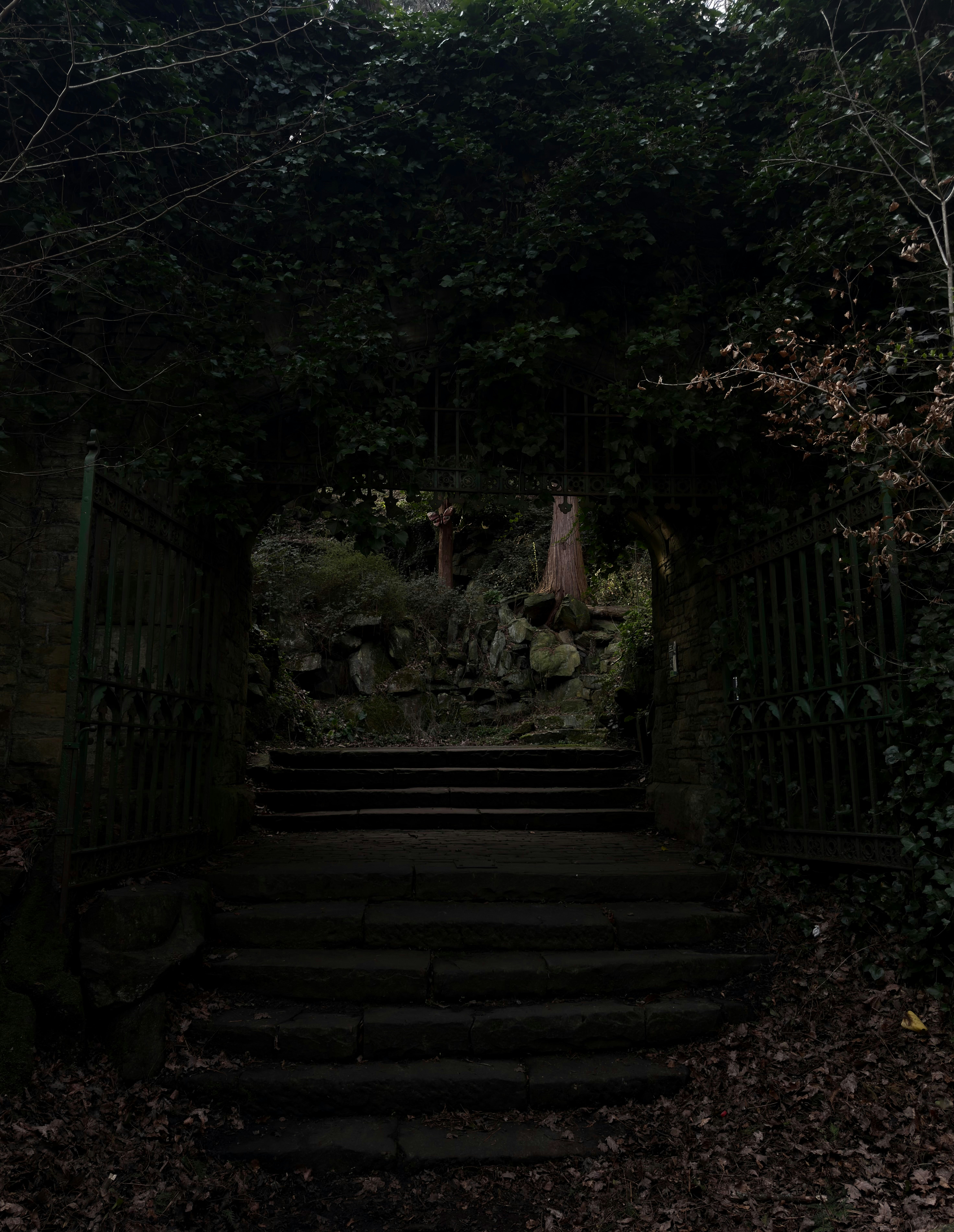 Shadowed Gate to Quiet Stairway