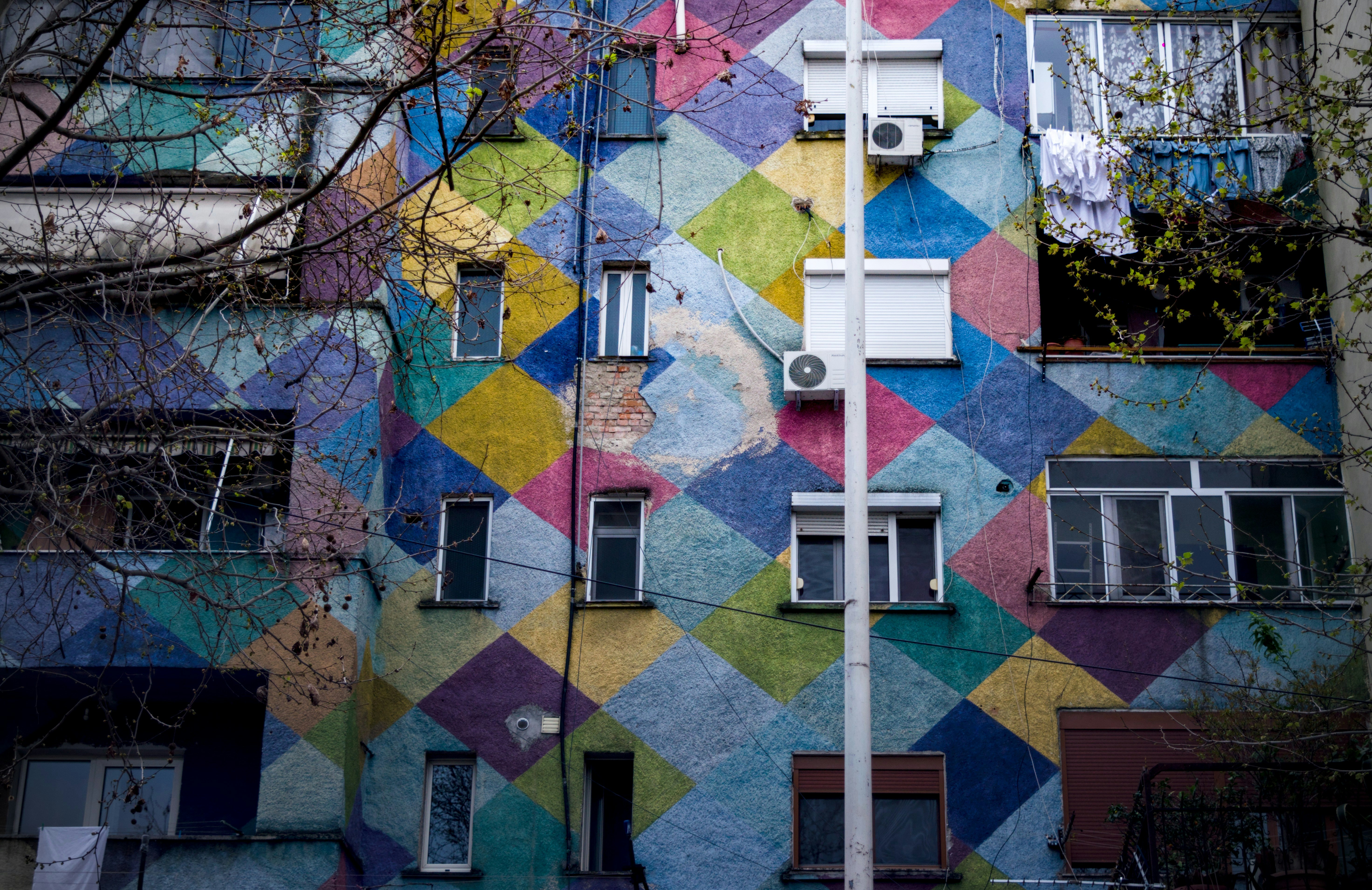 Colorful Diamond Mosaic on a Residential Facade