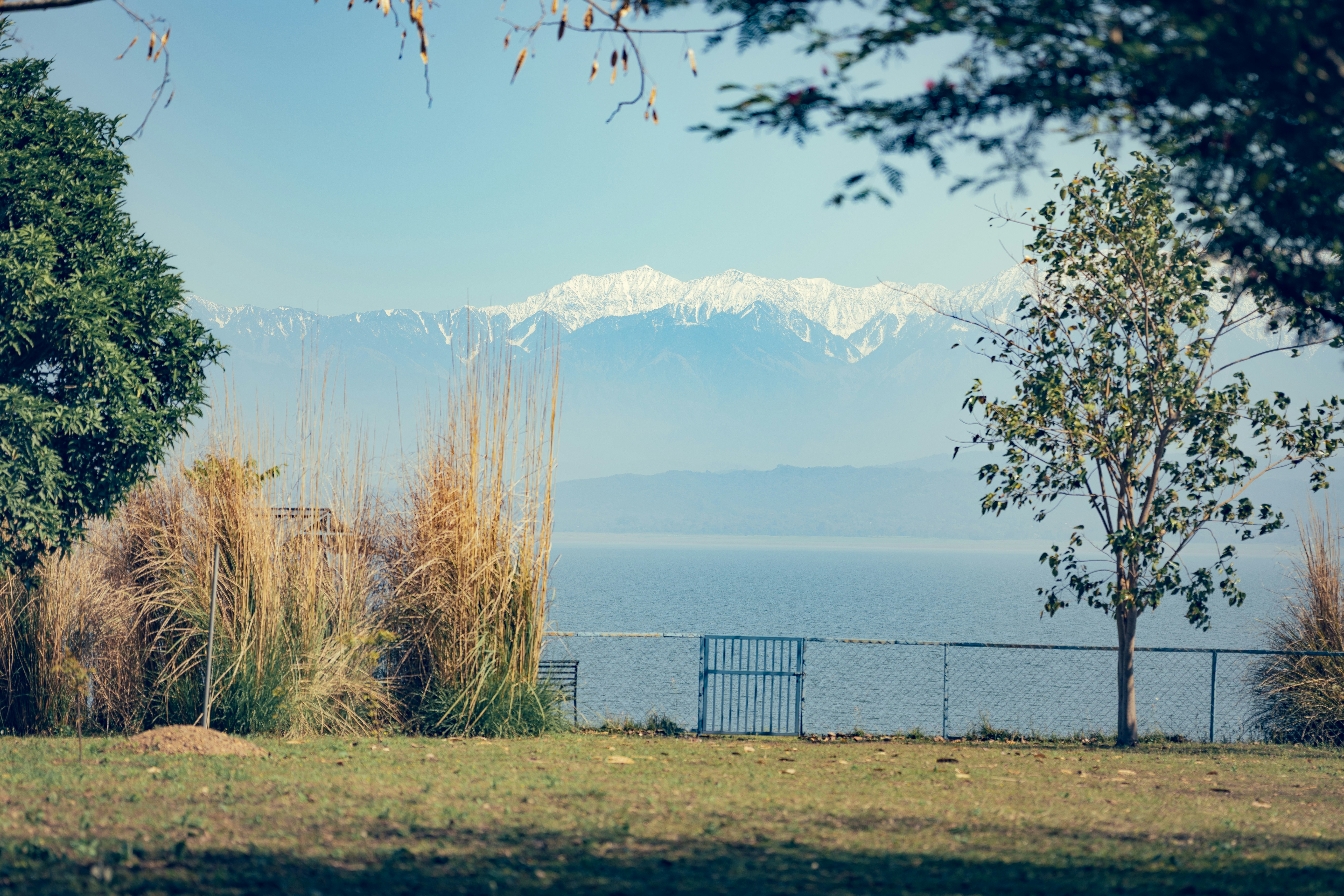 Calm Lakeside with Snow-Capped Ridge Beyond