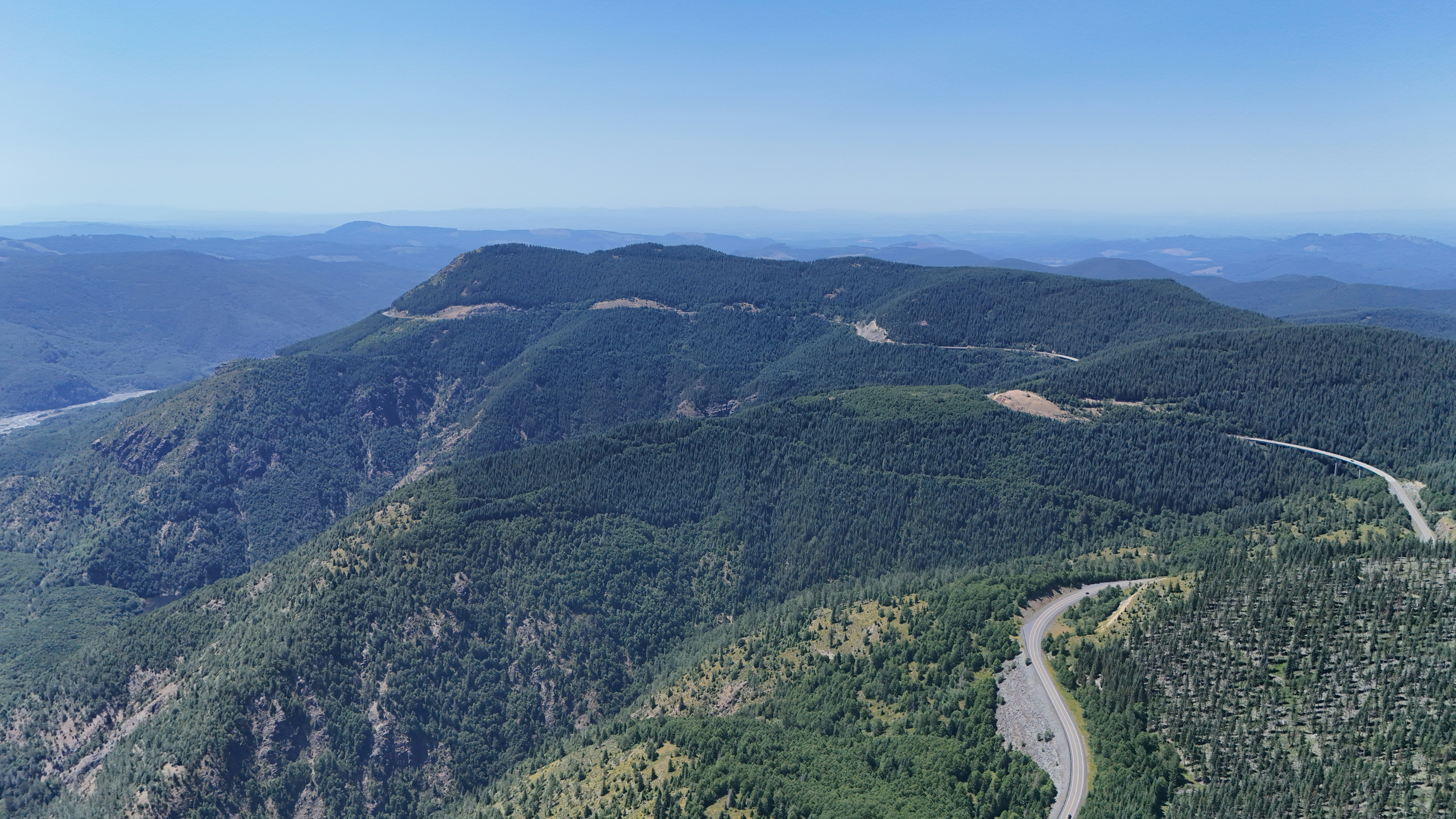 Wind-sculpted ridge winding through a pine-scarred valley