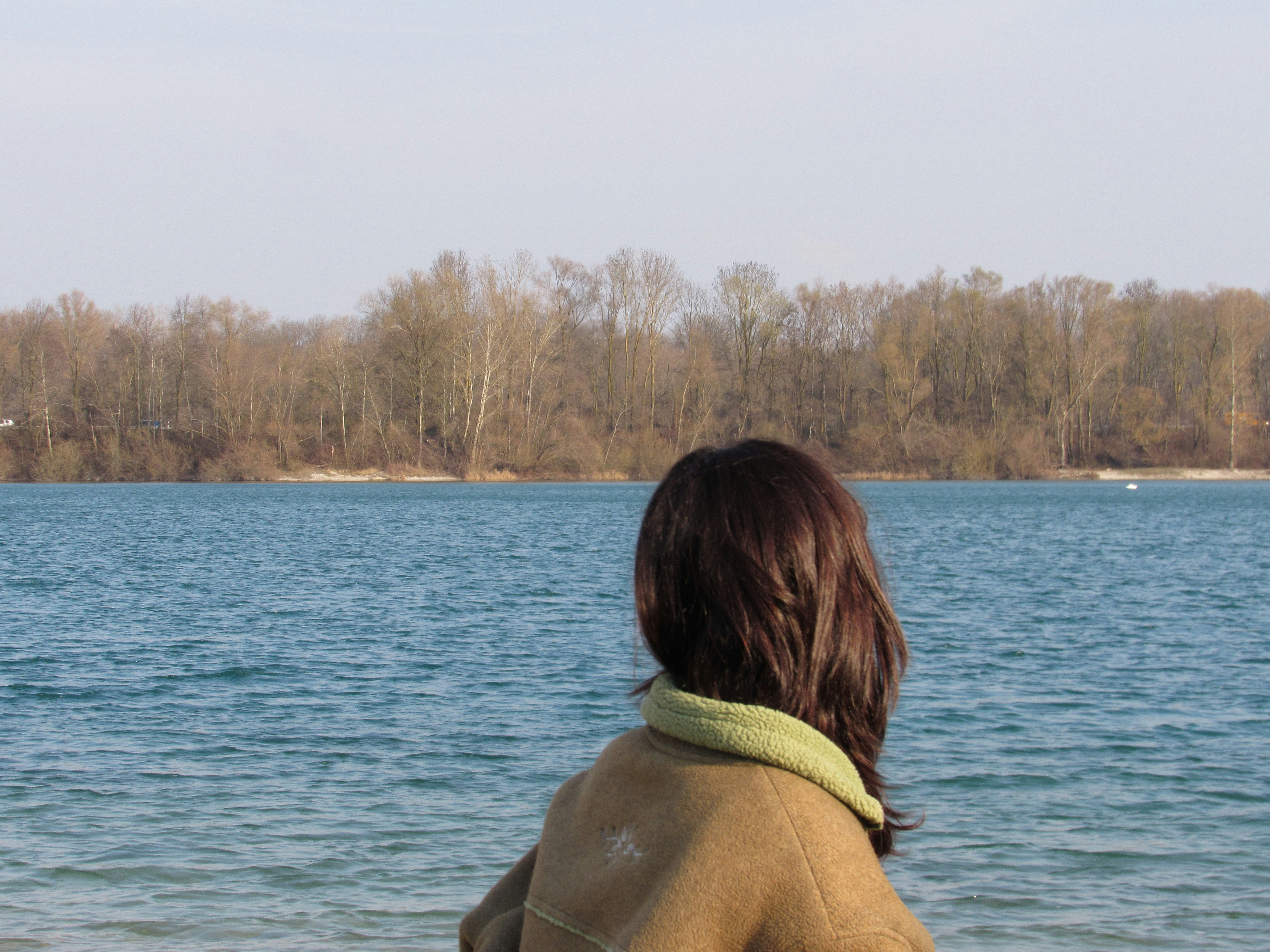 Back to the Horizon: Woman in a Camel Coat Overlooking a Calm Lake