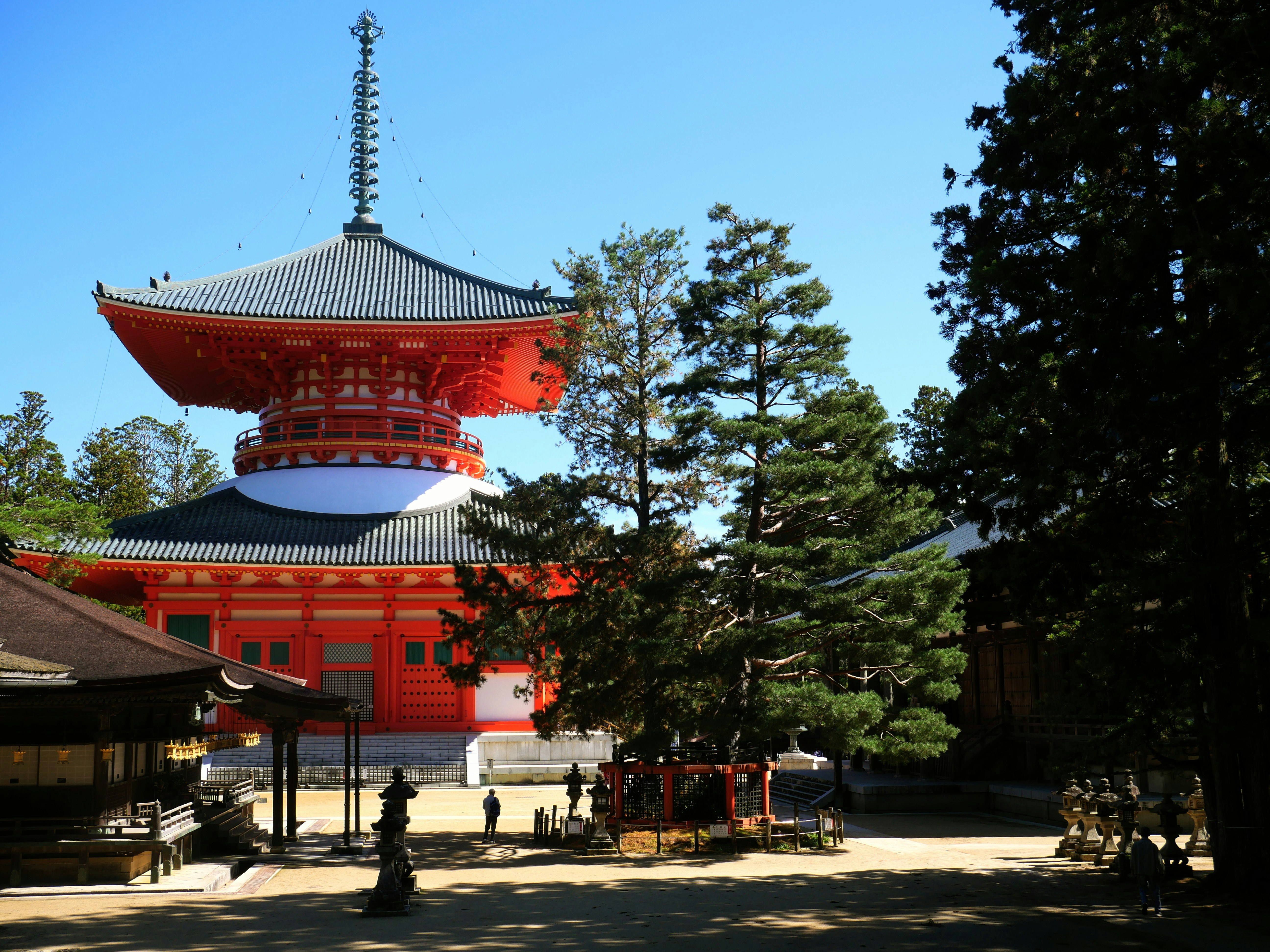 Crimson Pagoda Amid Pine Shadows