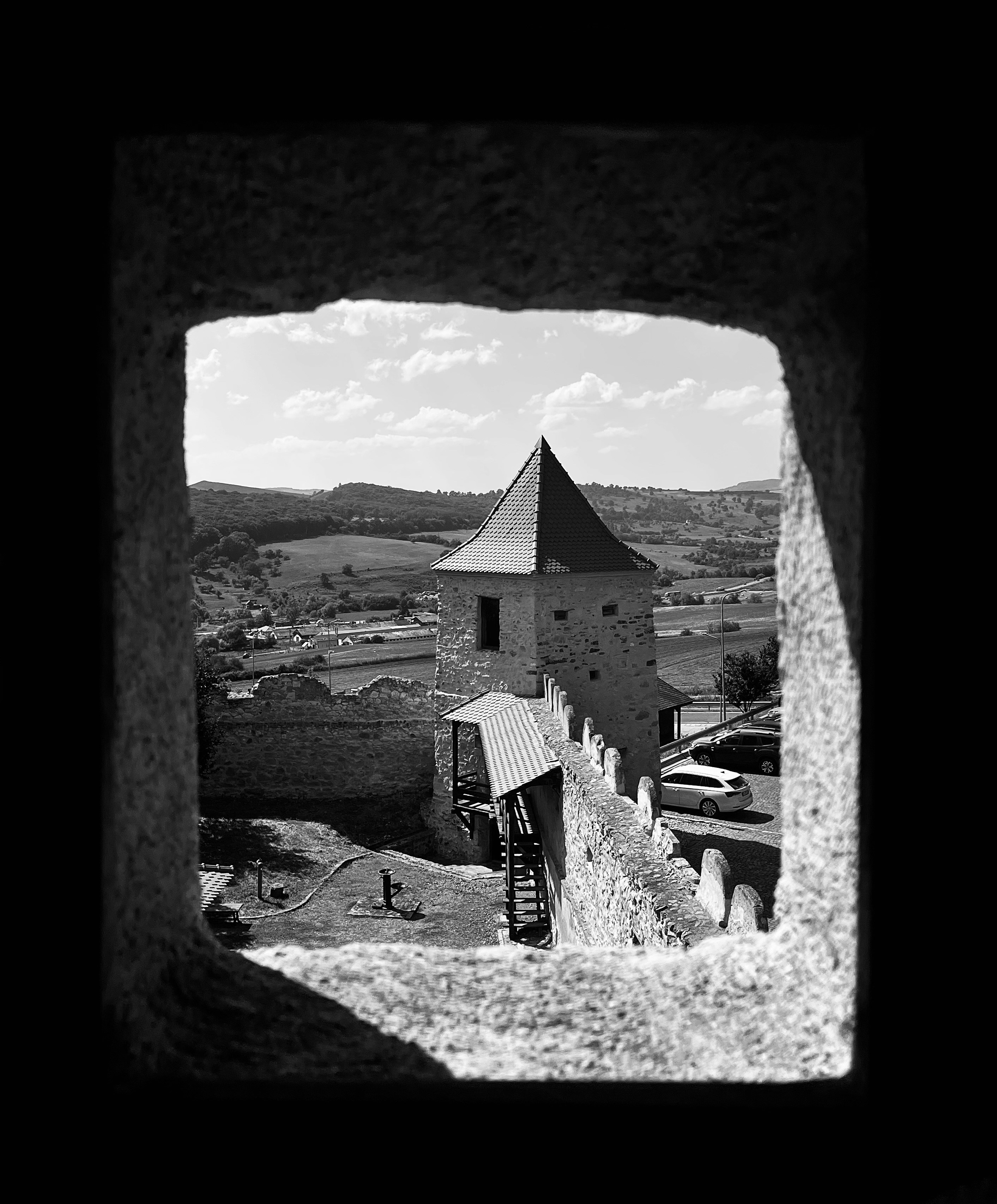 Stone Turret Framed by a Dark Window