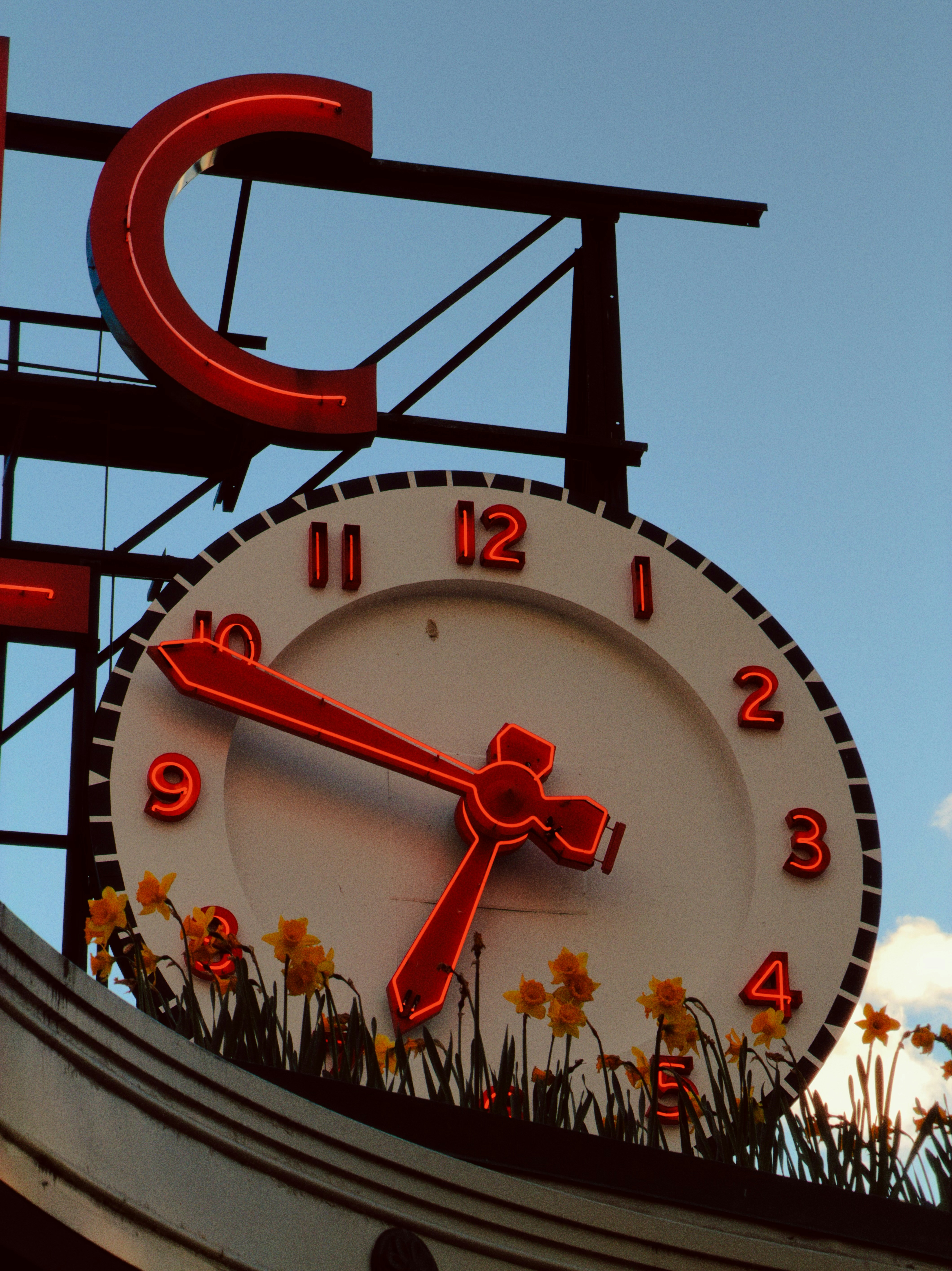 Neon Time: A Large Clock Face Surrounded by Spring Blooms