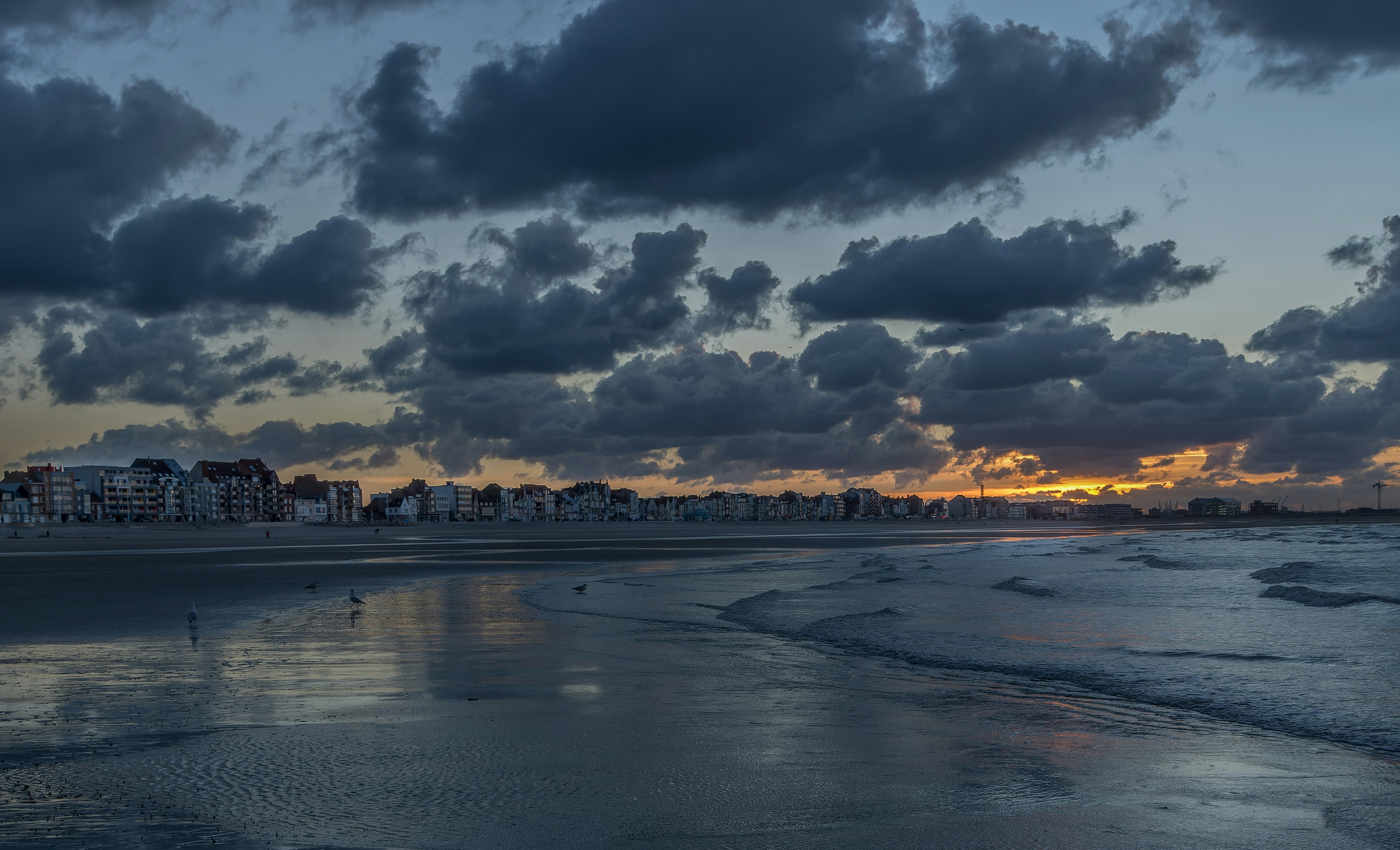 Twilight Seashore: Cityscape at Dusk Beyond Still Waters
