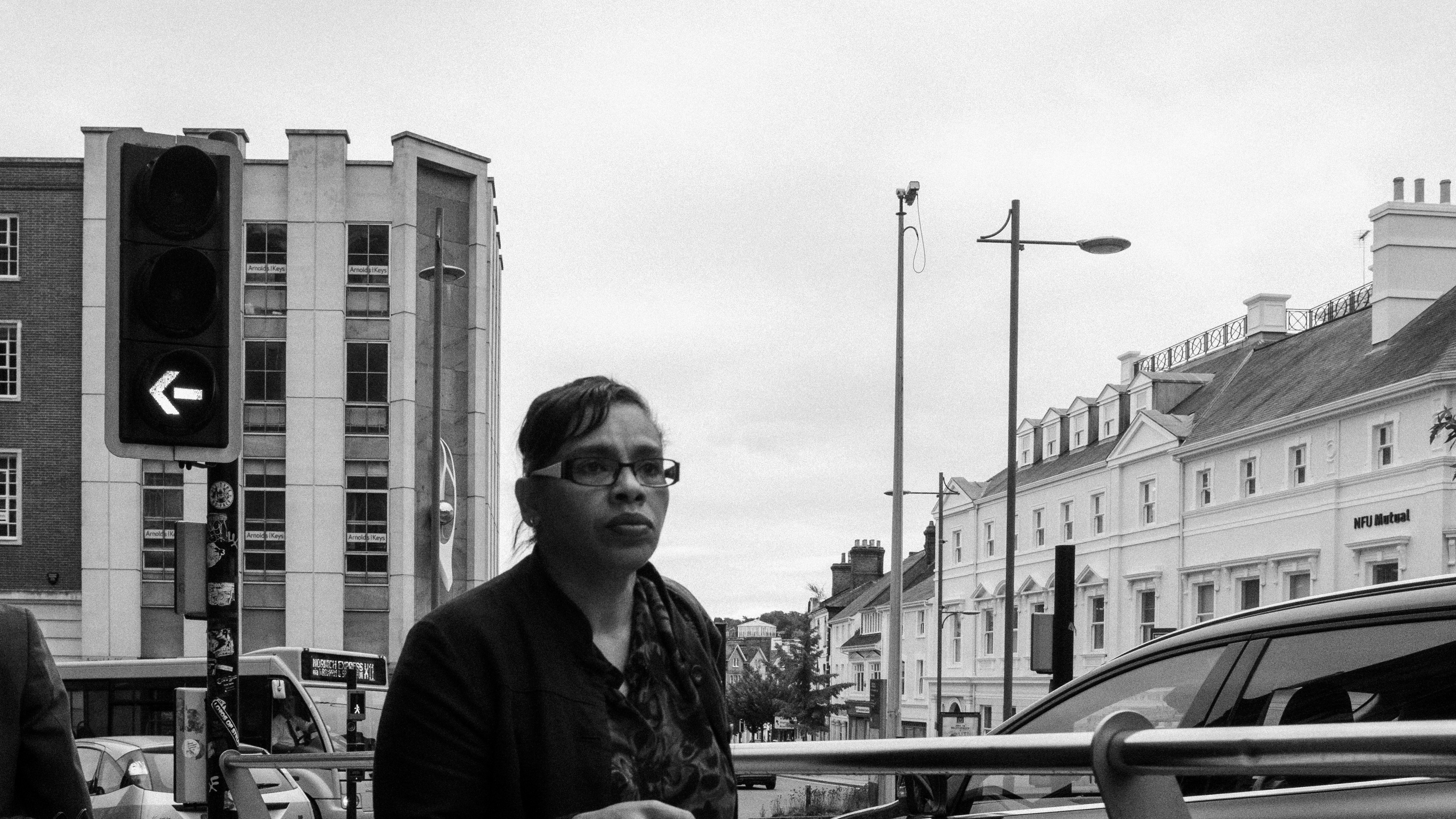 Crosswalk Gaze: A Street Moment in Mono