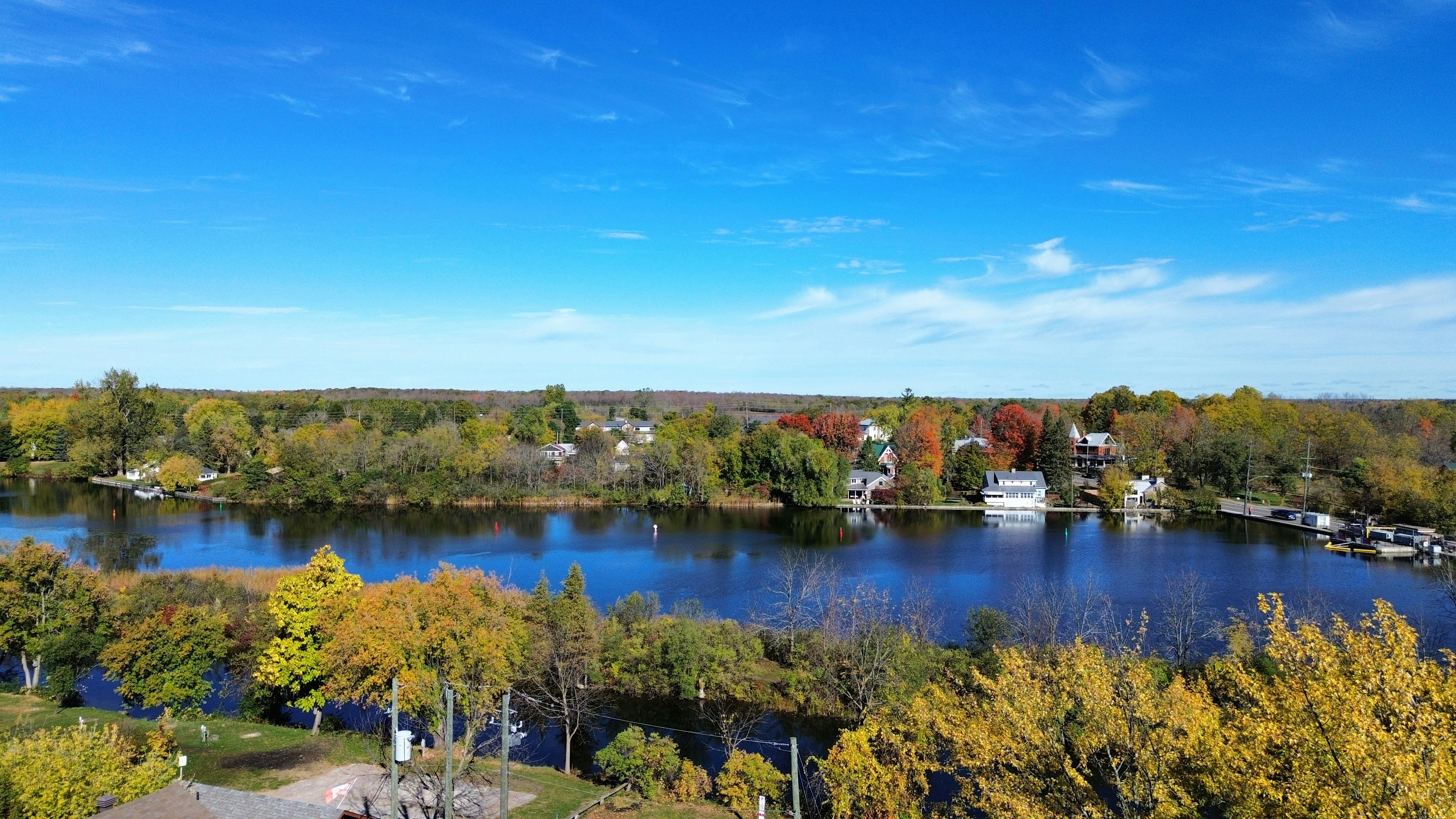 Riverfront Trees in Autumn: A Quiet Lakeside Village Under a Clear Sky
