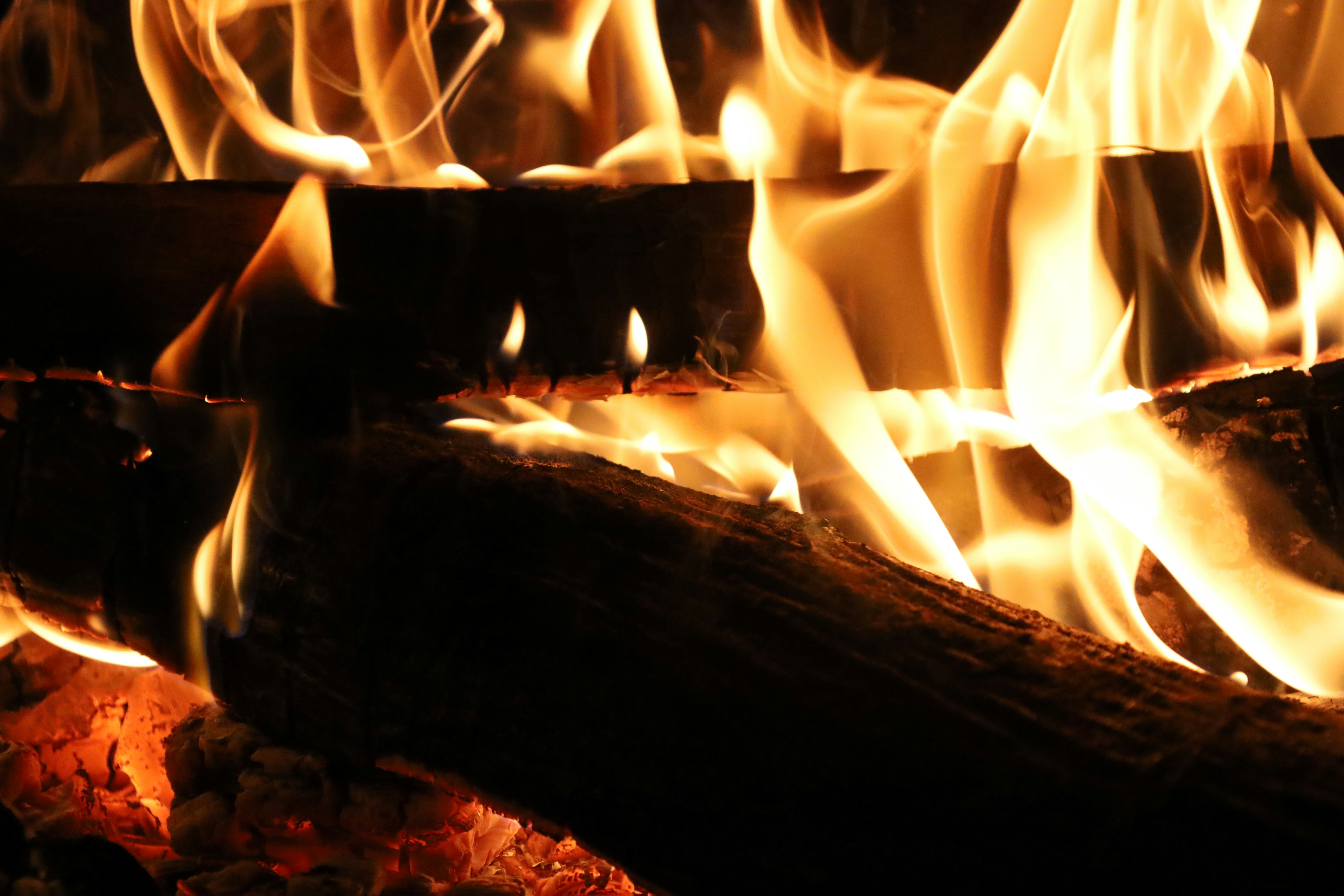 Dancing Flames: A Close-Up of Ember and Log in Quiet Inferno