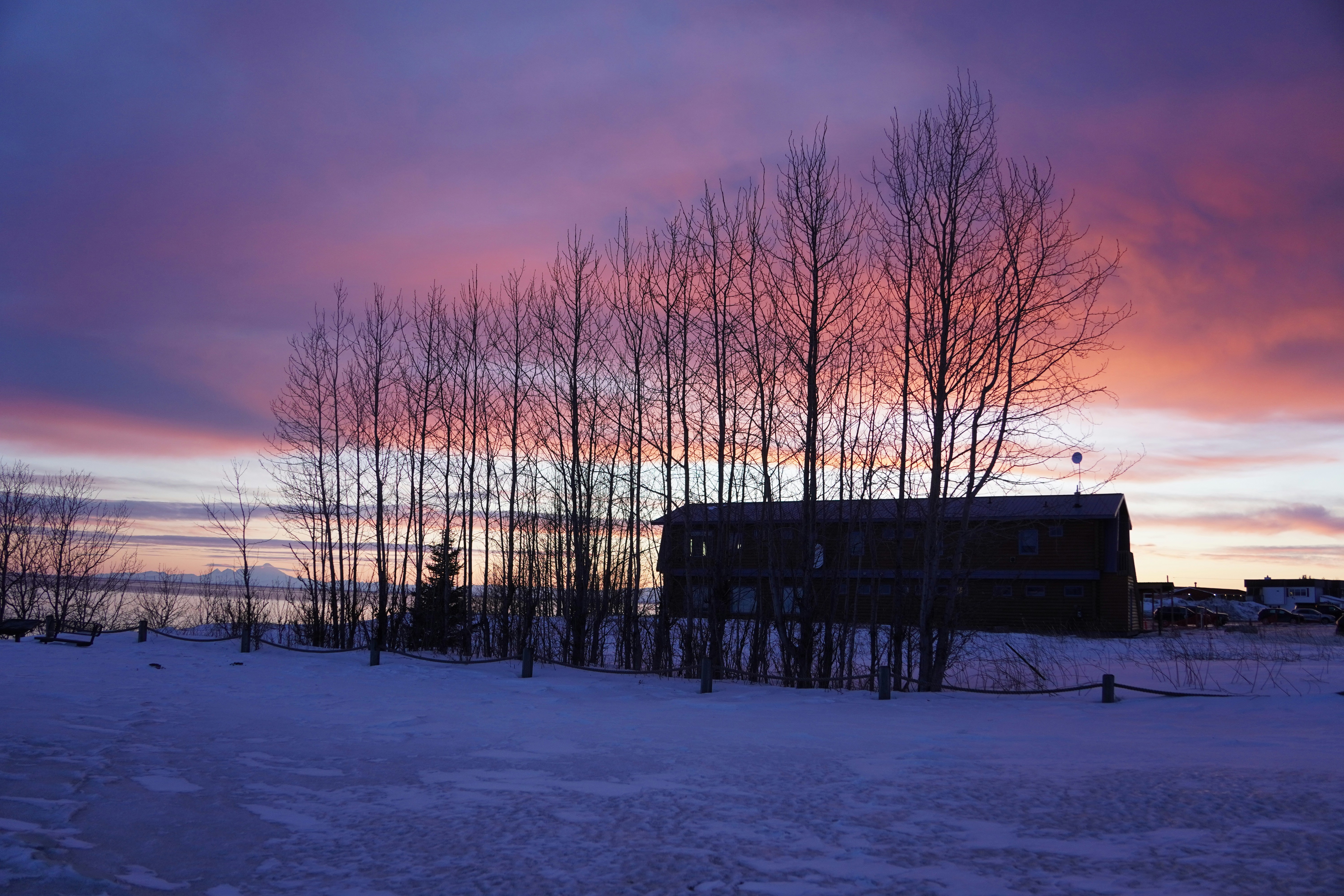 Silhouetted house and bare trees awaken with the sunset over a quiet snowfield