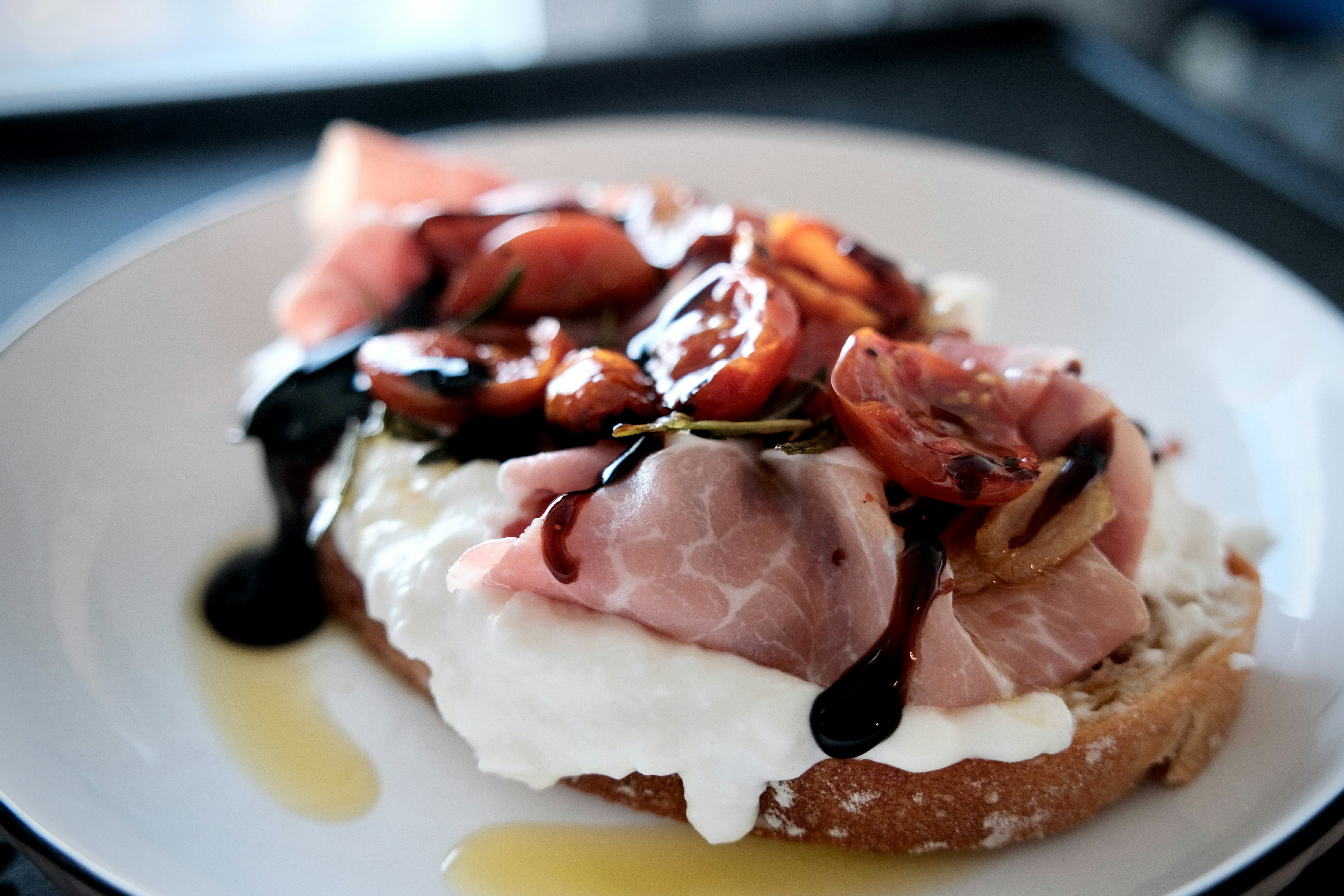 Open-faced Prosciutto with Cream Cheese and Roasted Tomatoes