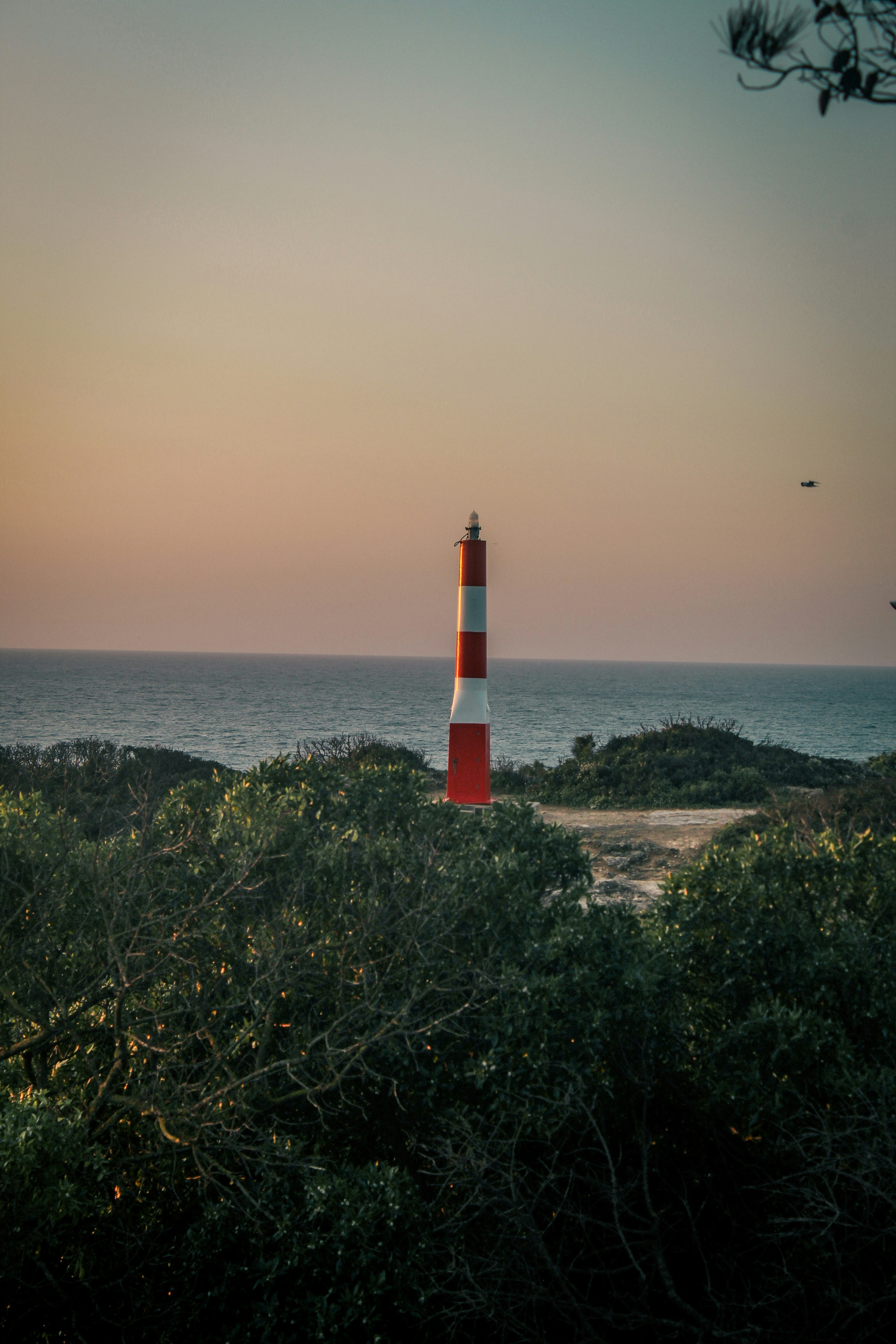 Lighthouse at Dusk: Red and White Beacon Guarding the Quiet Sea