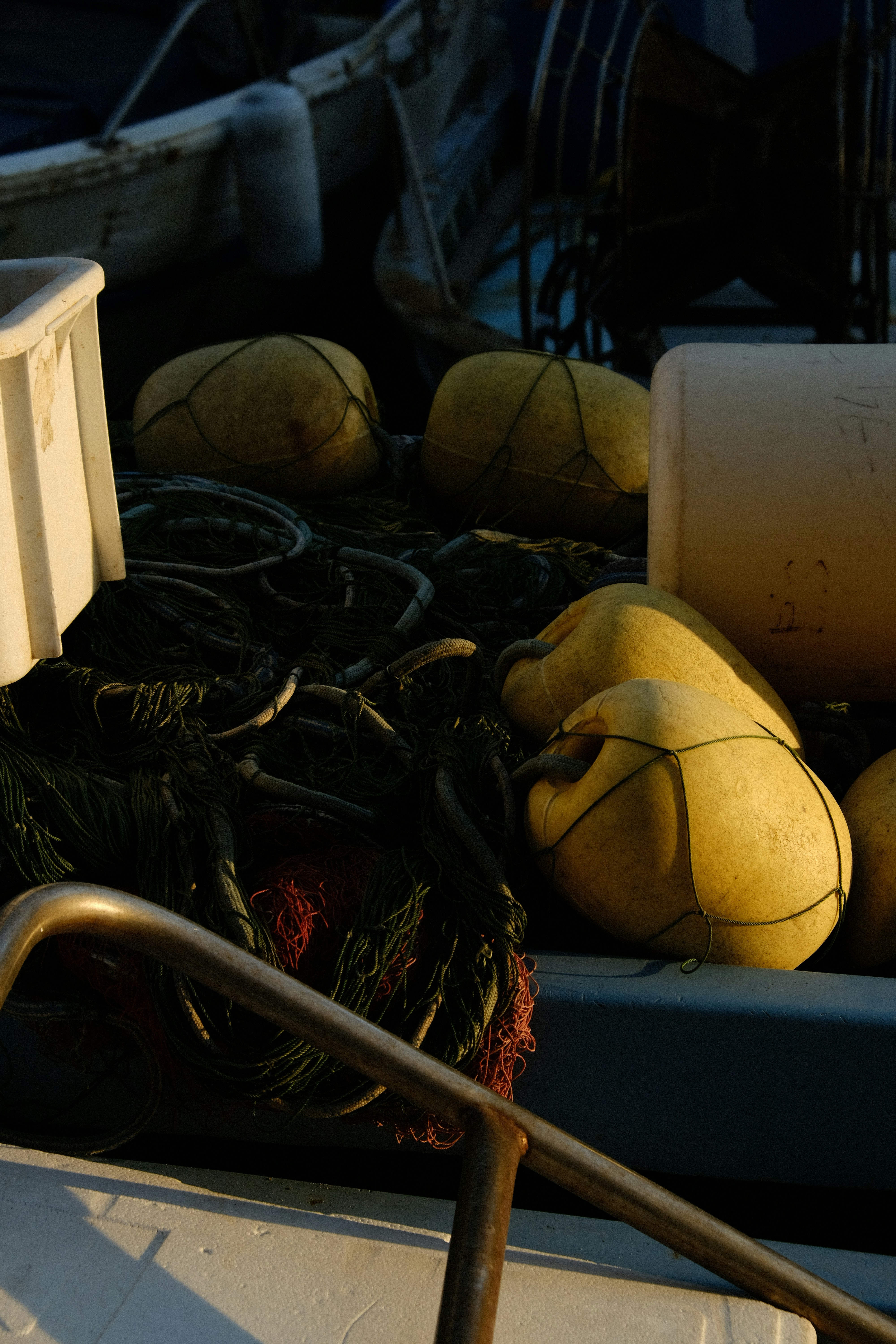 Sunlit Buoys and Coastal Gear Resting Among Tide-Touched Nets