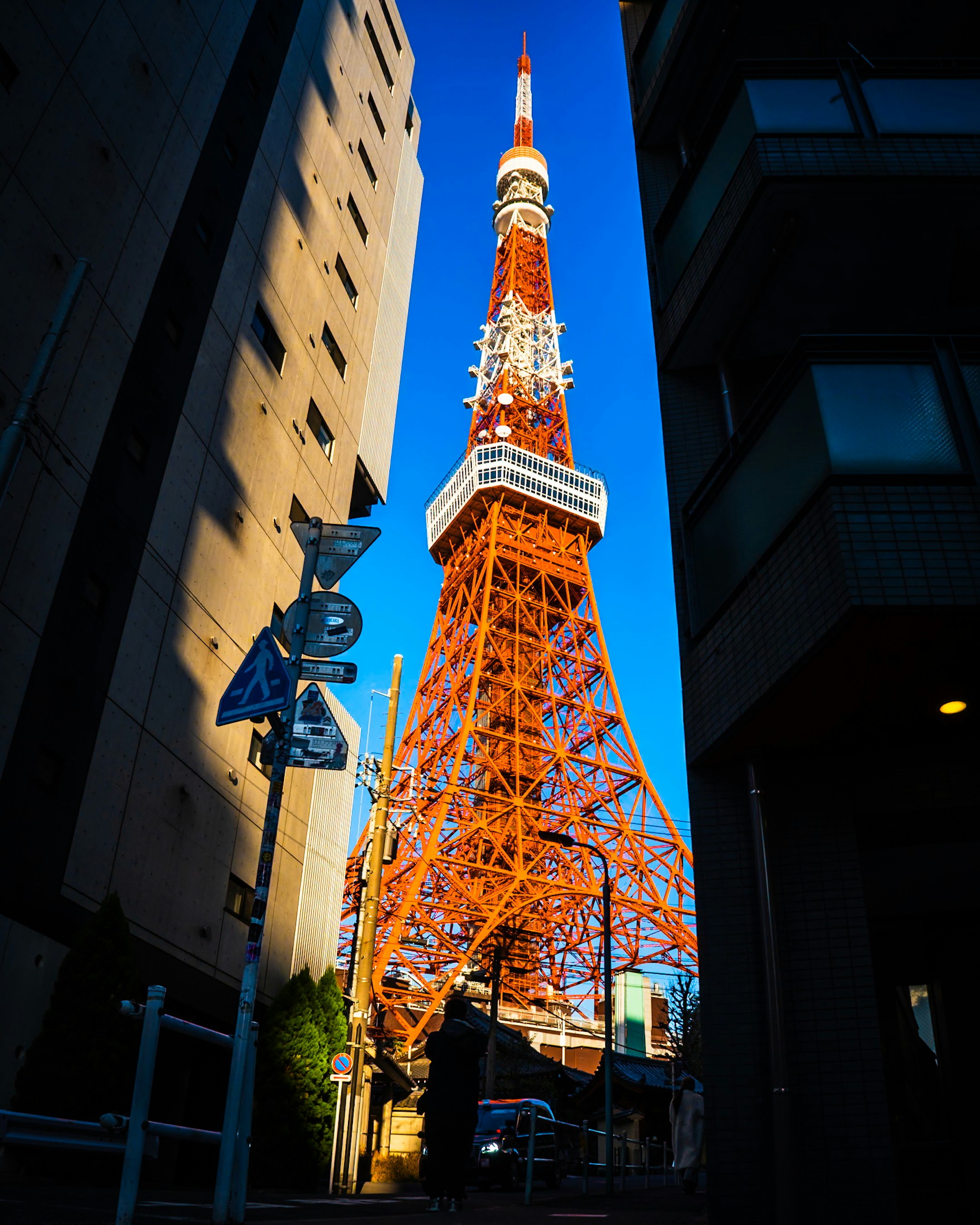 Tokyo Tower Rising Between Narrow Shadows