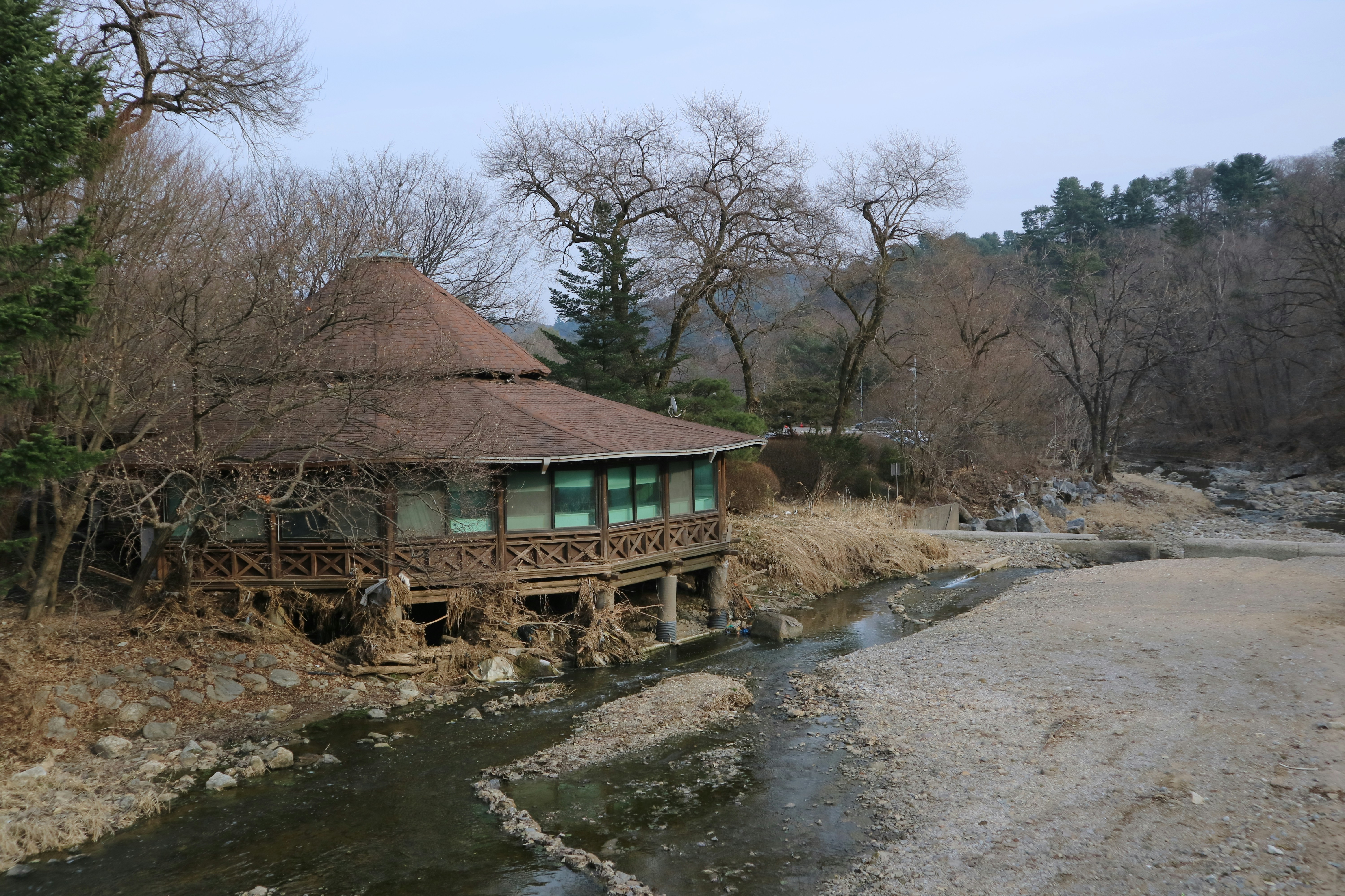 Waterfront Lodge with Bare Trees on a Quiet Riverbank