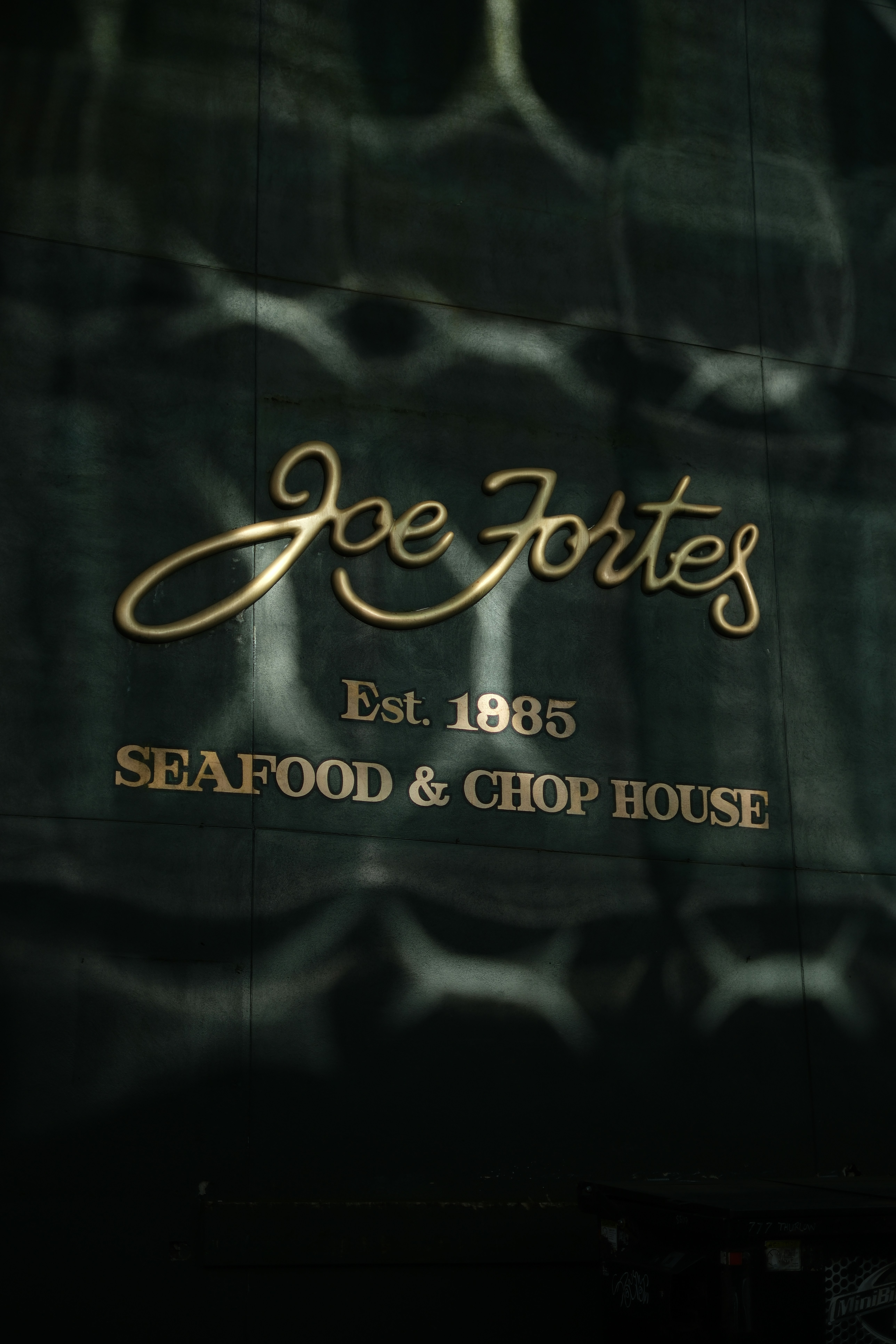 joe fortes: a neon-script sign on a textured facade