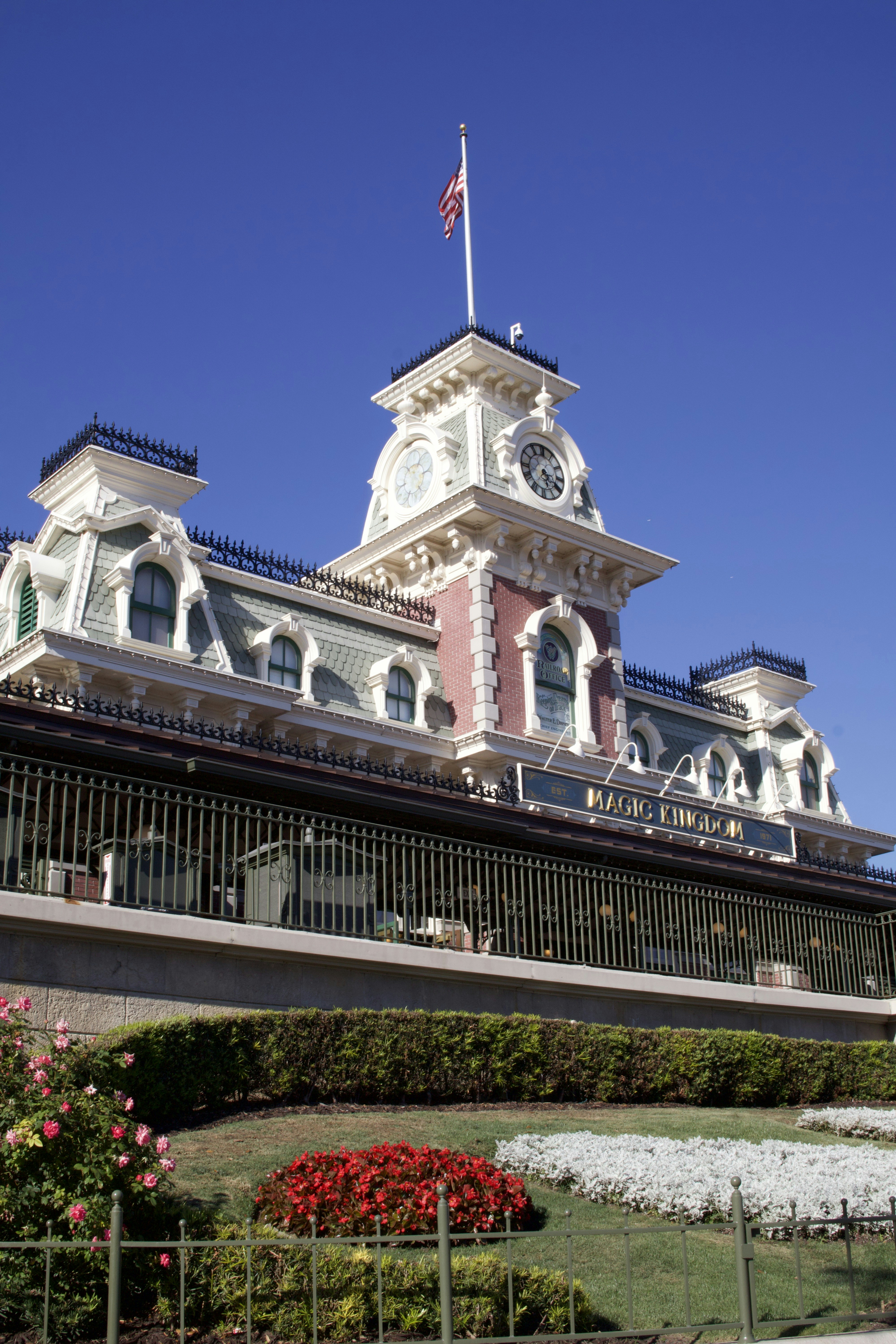 Magic Kingdom Clocktower: Entrance Architecture in Bold Blue Sky