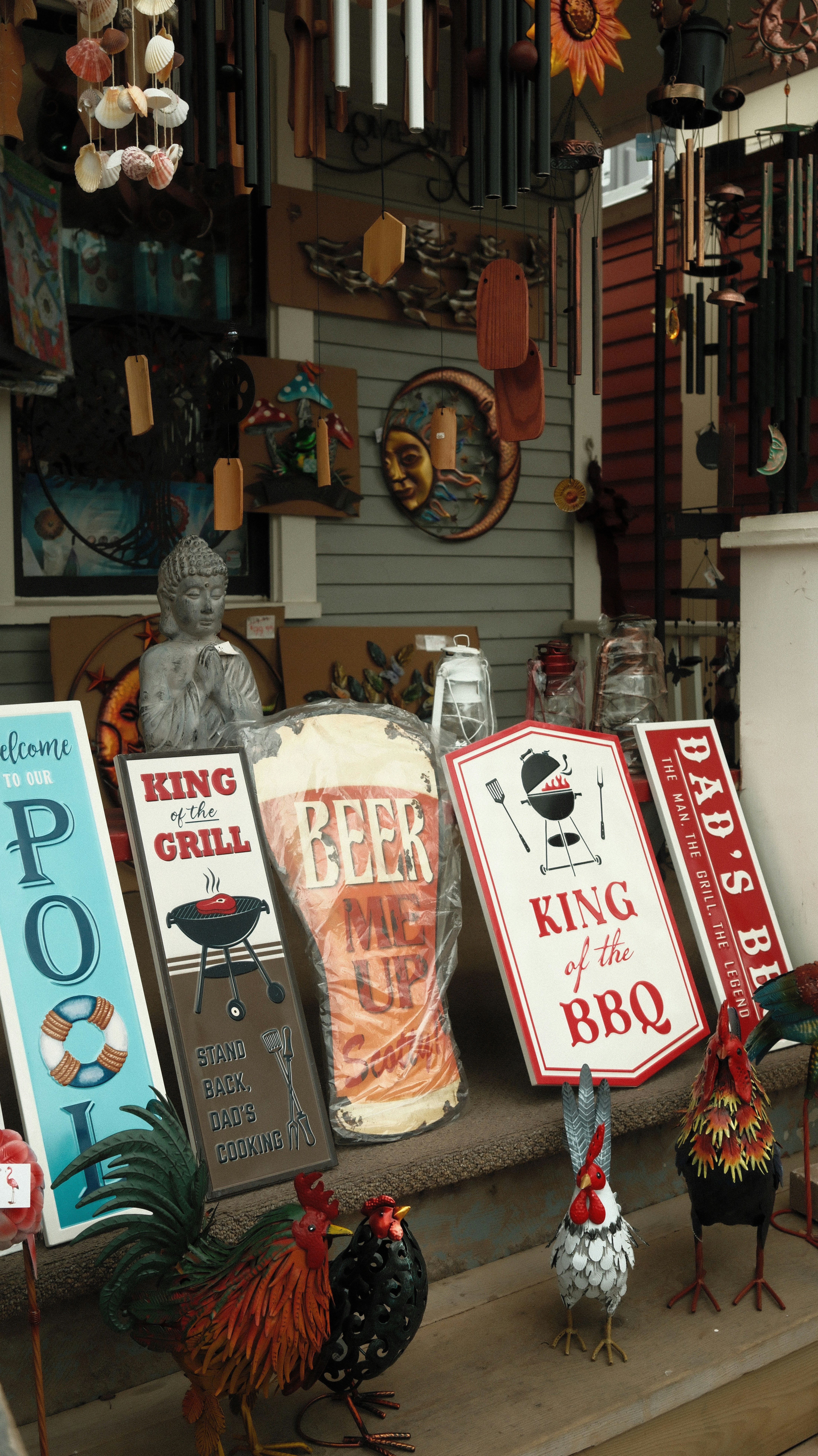 Streetfront Signage and Roosters: An Ornamented Shopfront Scene