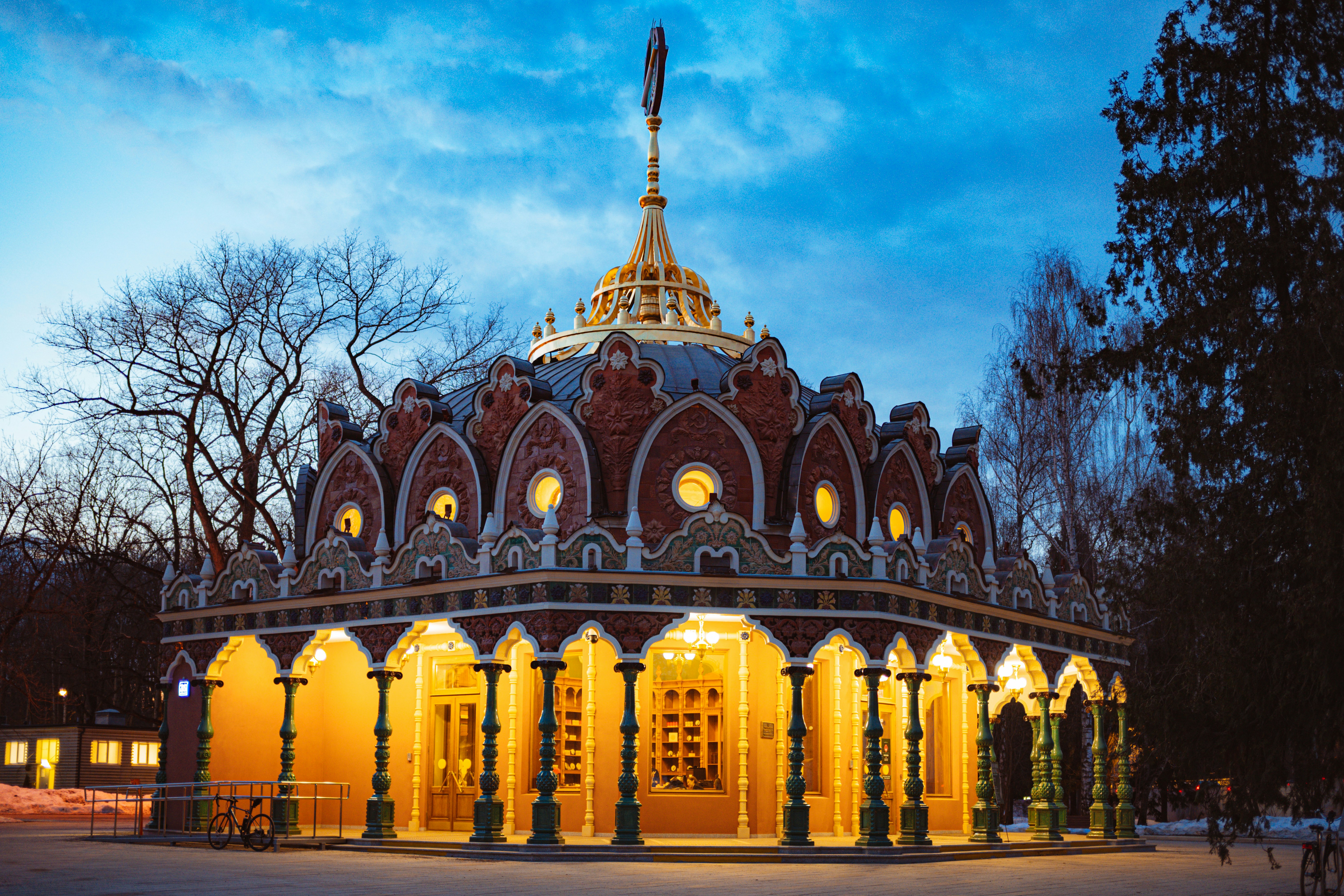 Golden Pavilion of Light: A Lanterned Pavilion under Dusky Skies
