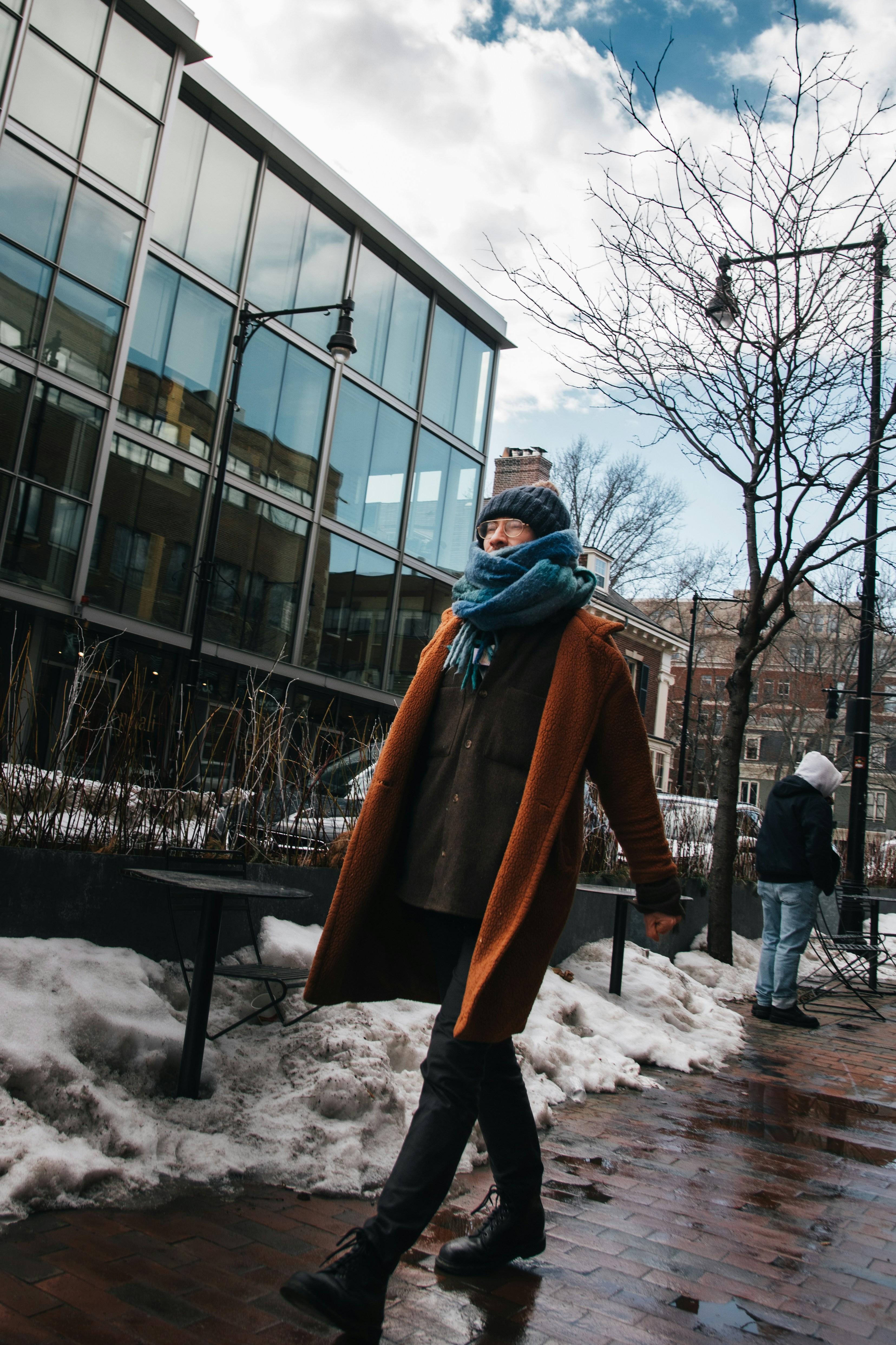 Warm stride through a frosty urban corridor