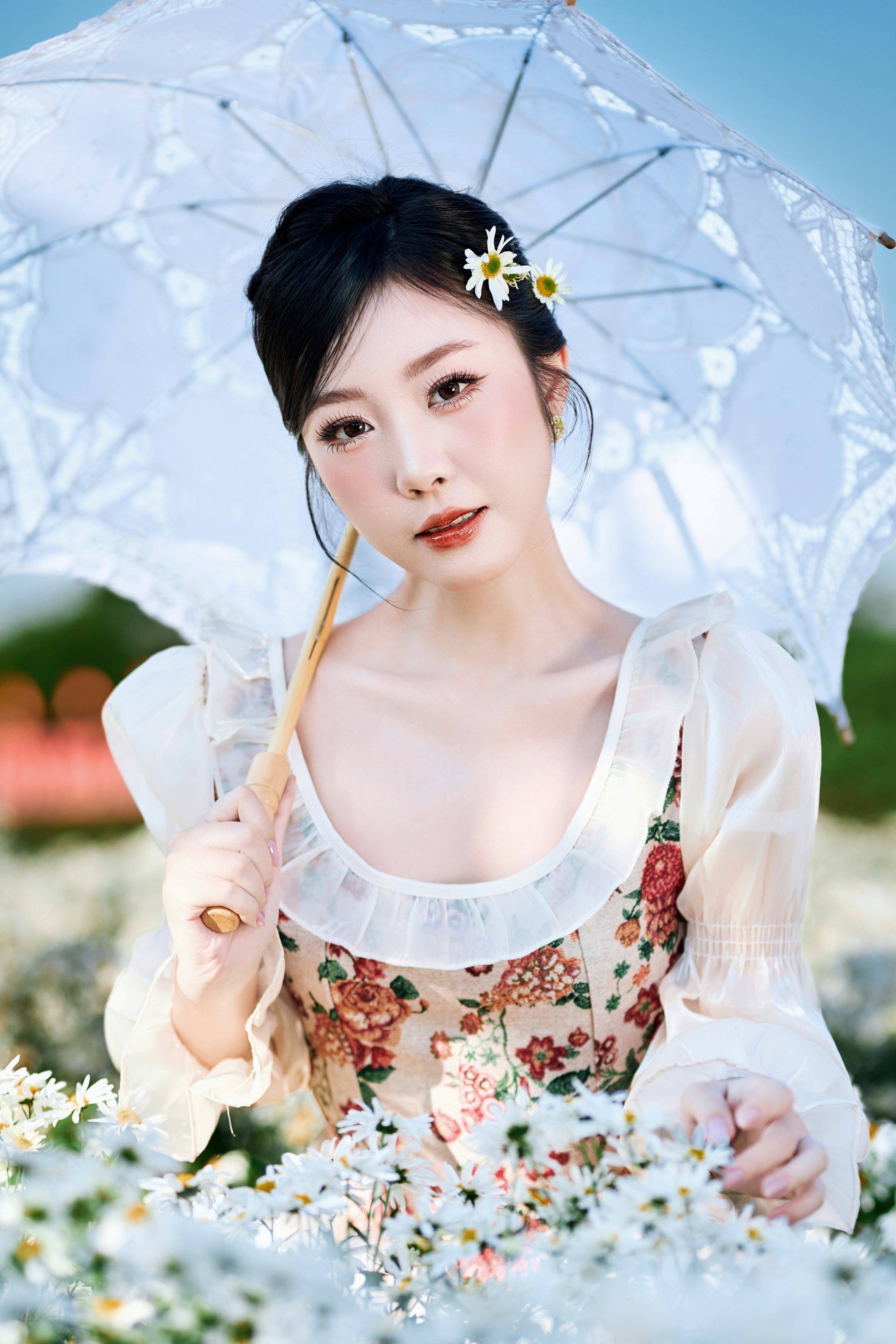 Daisy-Threaded Portrait Under Lace Canopy