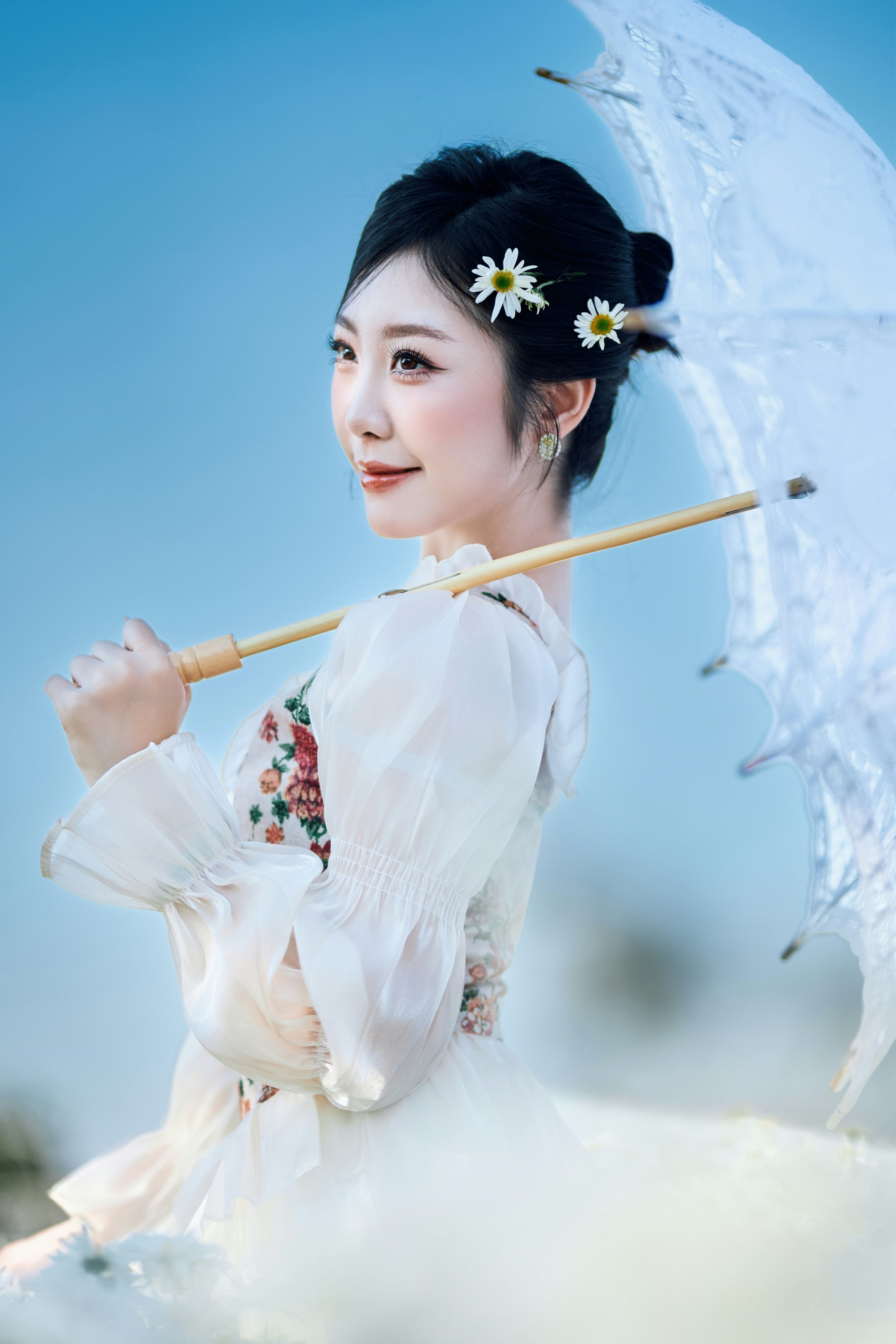 Daisy Hair Ornaments and Sheer Sleeve Gown in Sunny Parasol Portrait