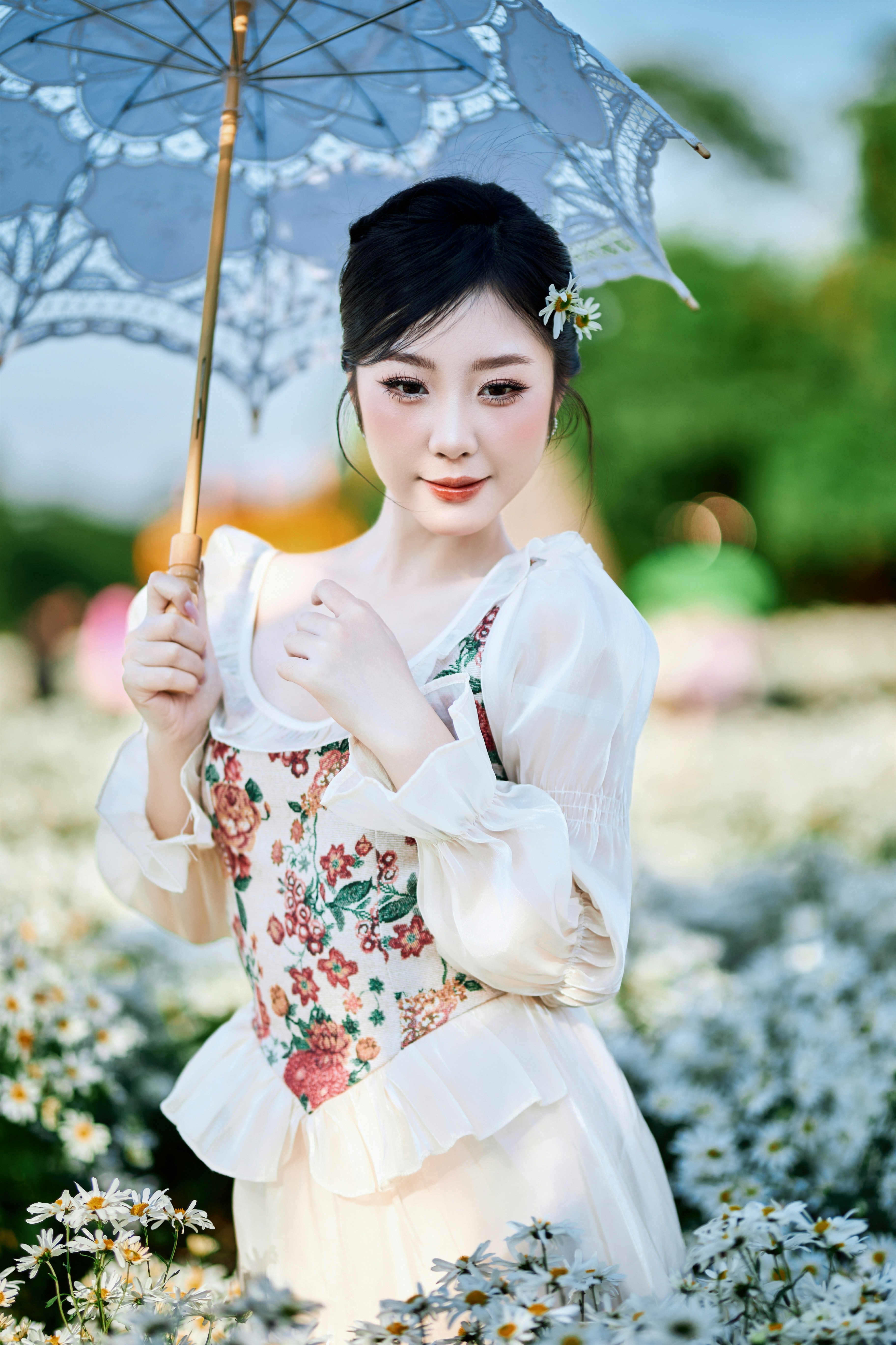 Porcelain Portrait with Daisy Crown under Lace Parasol