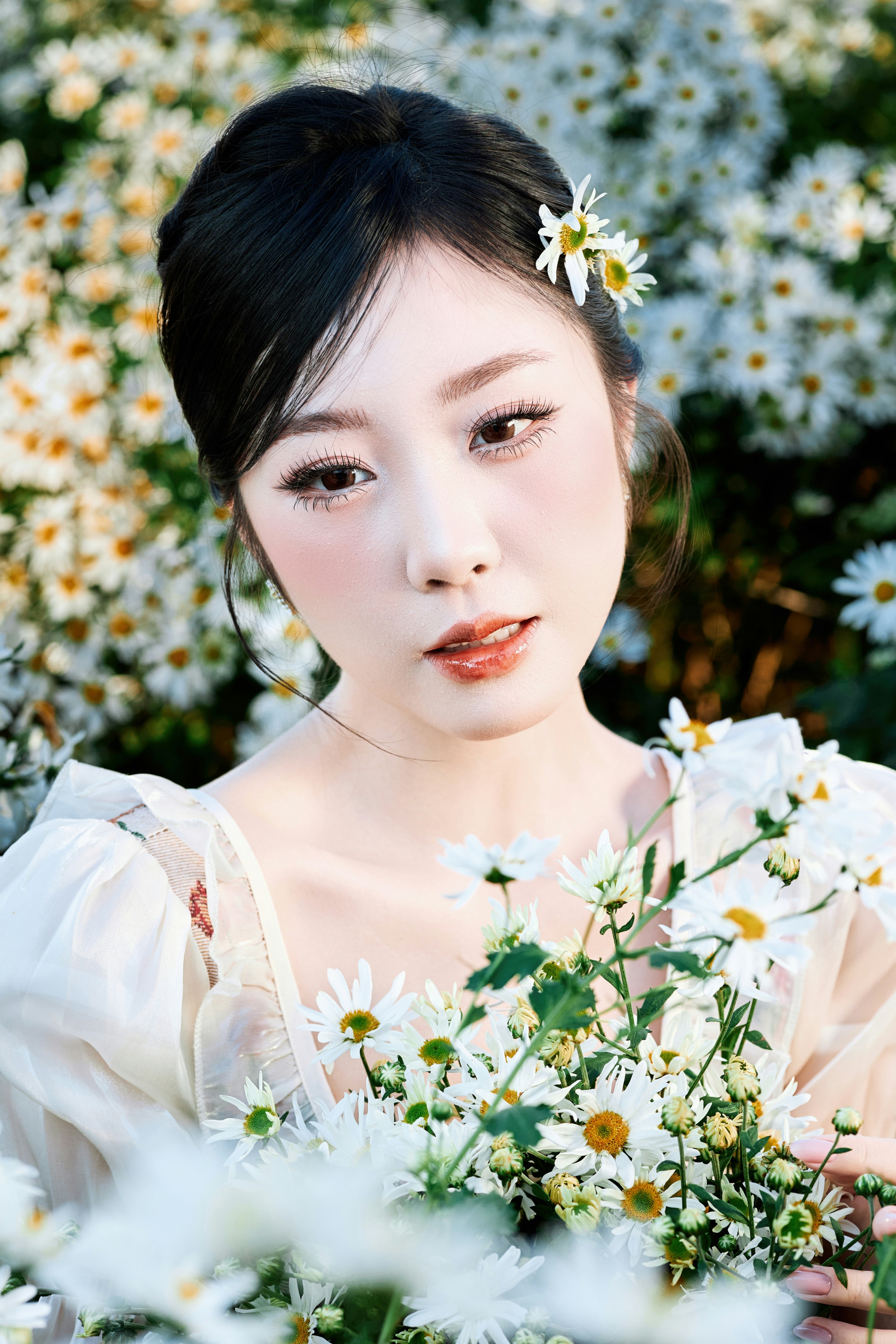 Daisy Crowned Gaze in a Field of White Gold