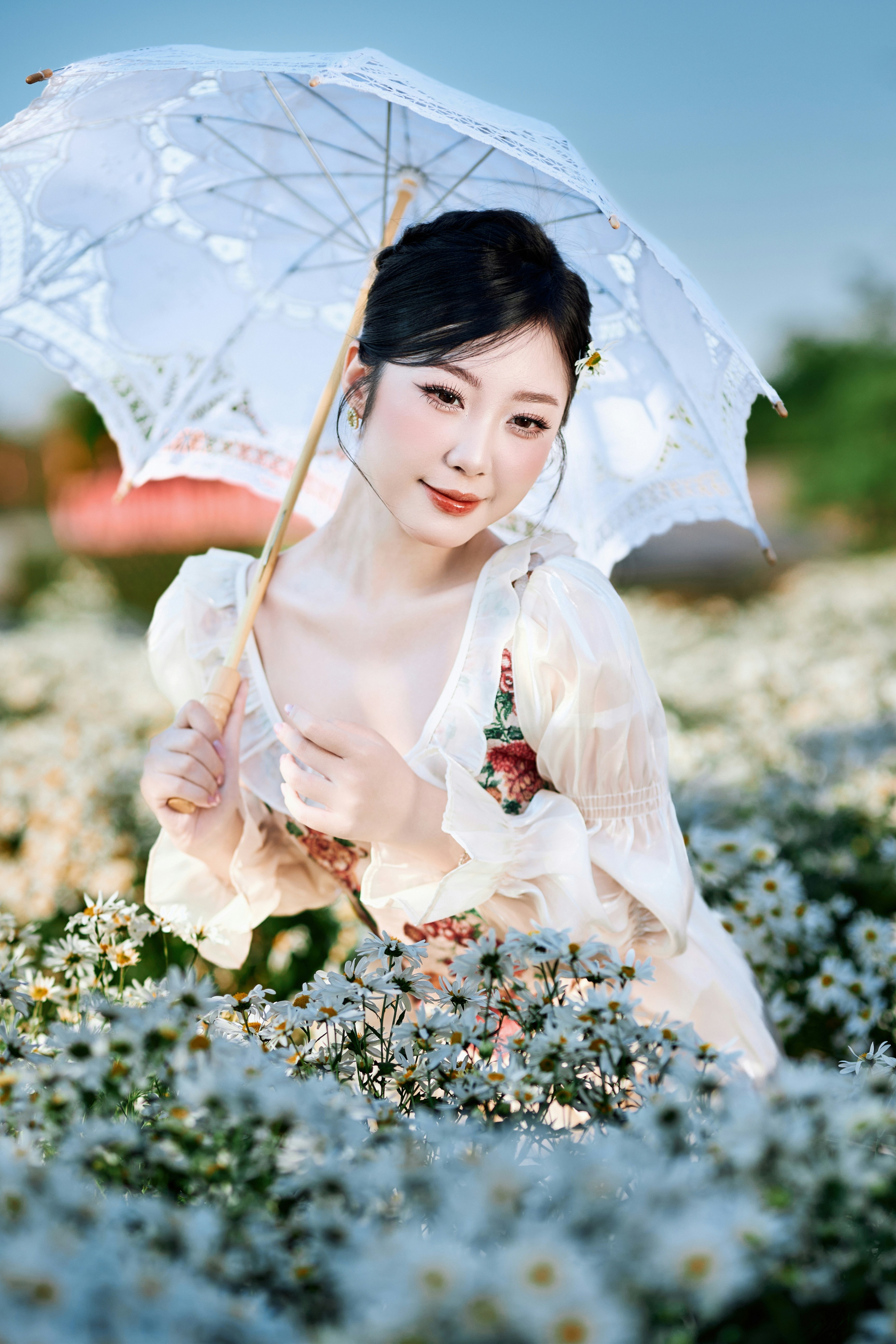 White Lace, Golden Light: A Portrait in a Field of Daisies