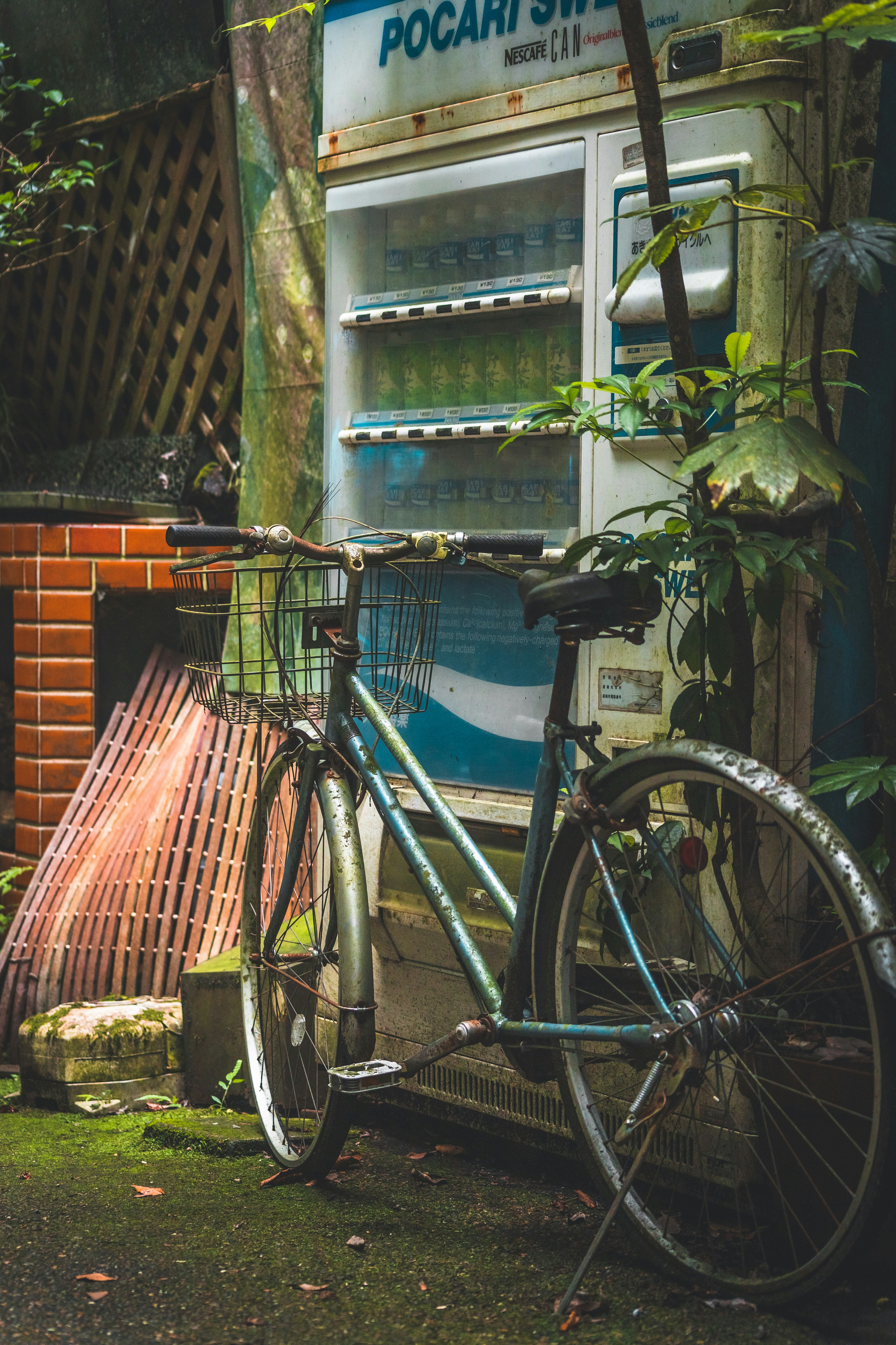 Forgotten Corner: A Bicycle Resting by a Weathered Vending Machine