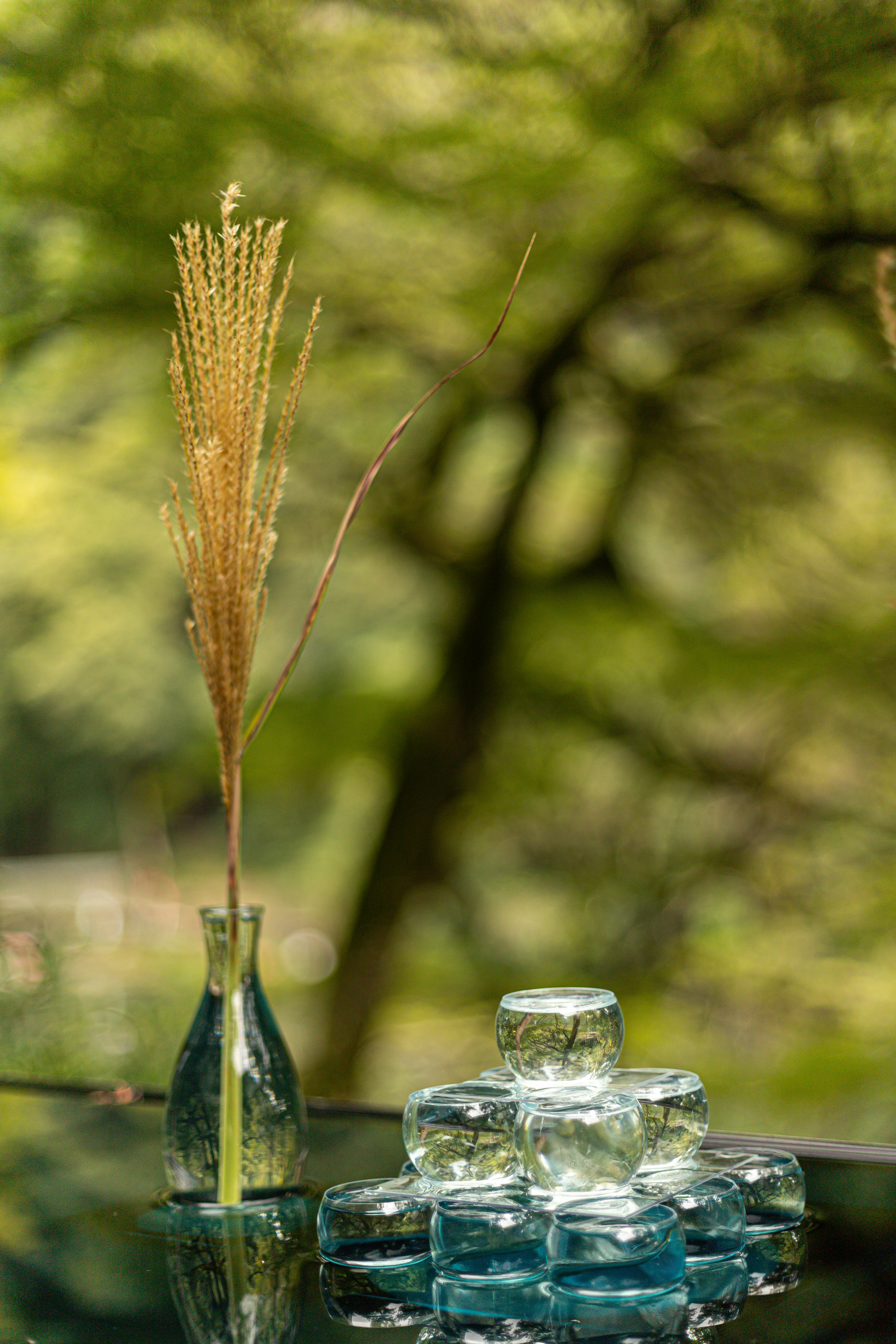Tall Fragrance: Golden Reed and Glass Orbs on a Sunlit Table