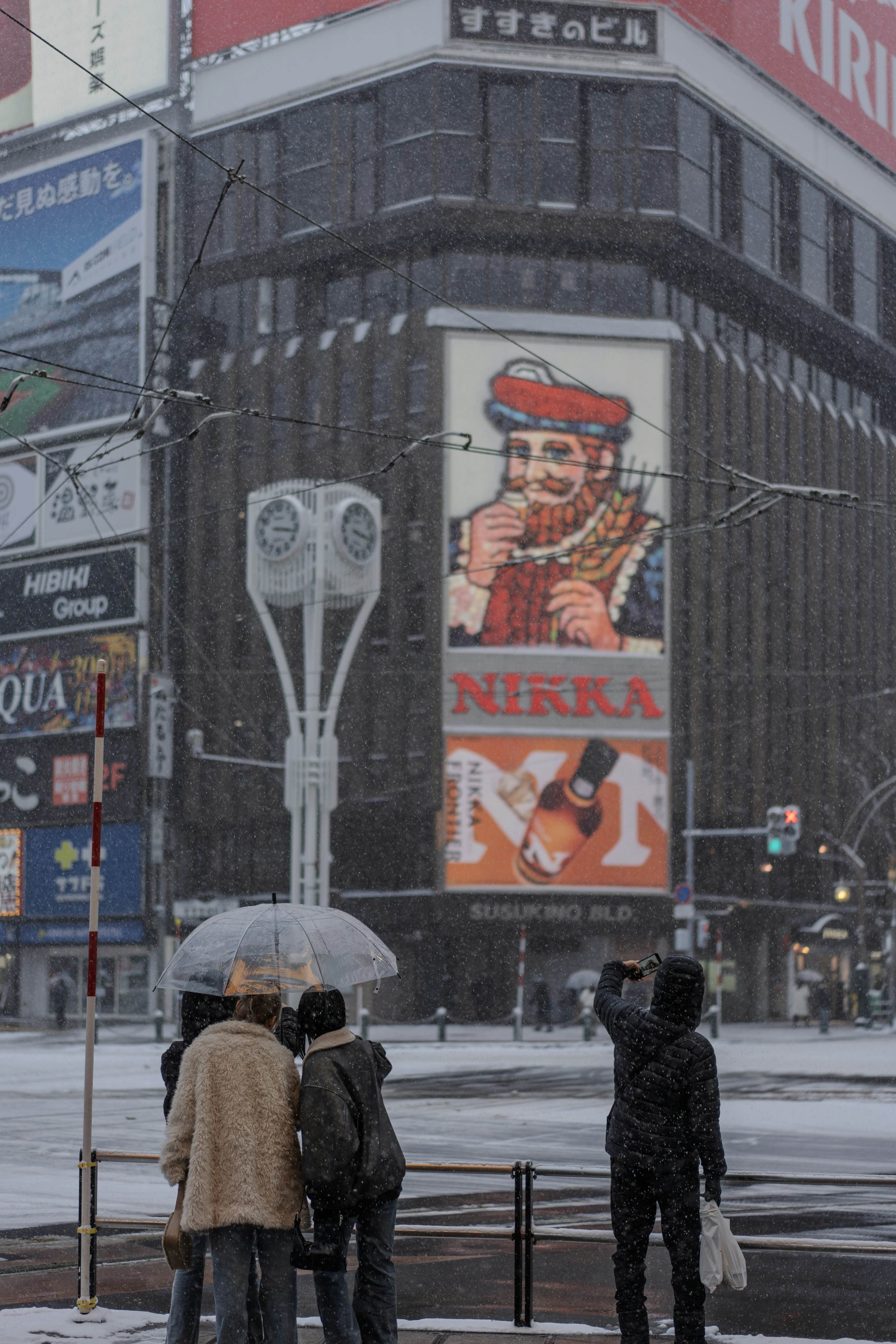 City Crossing in Snow: The Bearded Adventurer Guards the Neon Billboards