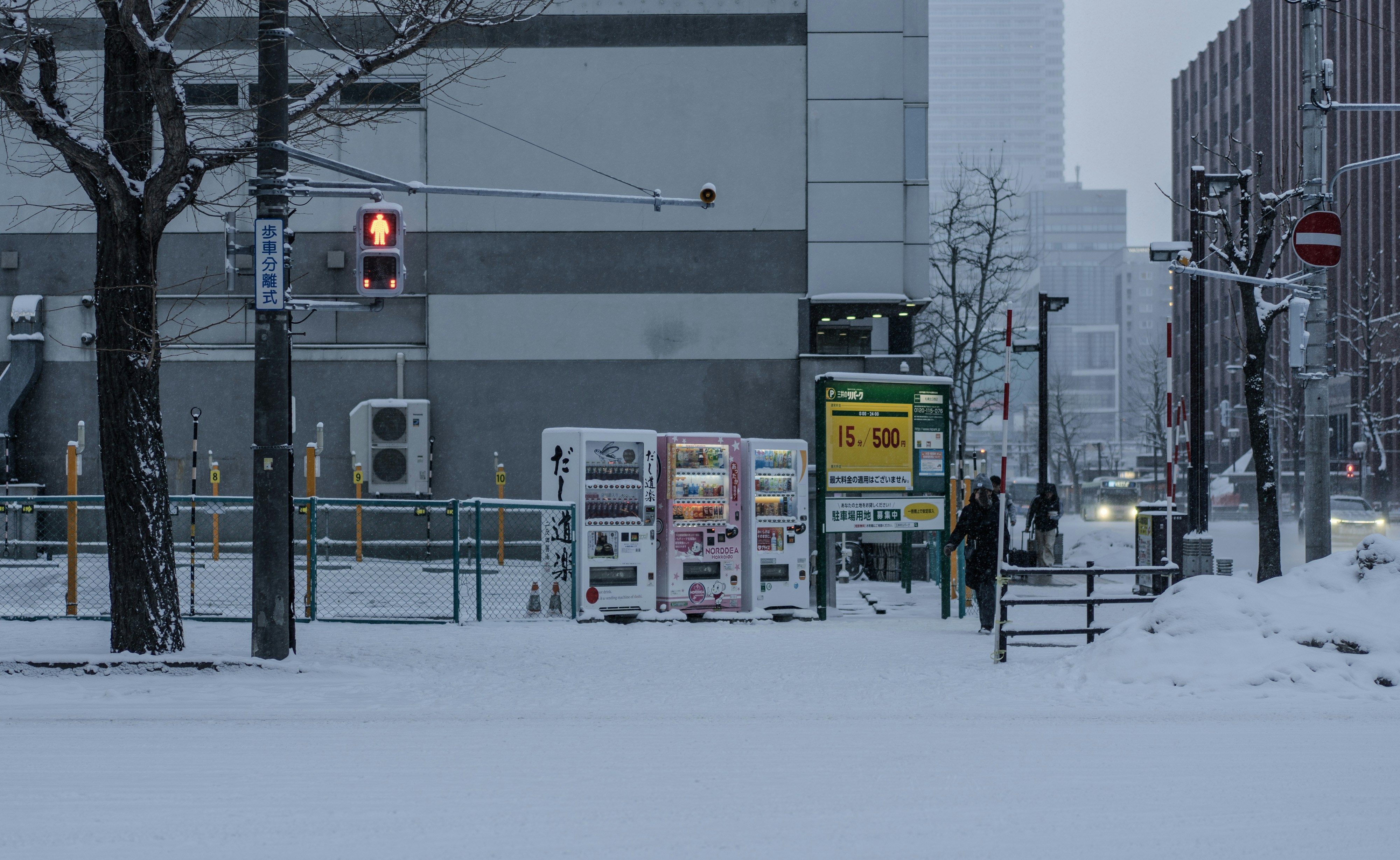Snow-Covered City Corridor with Vending Machines