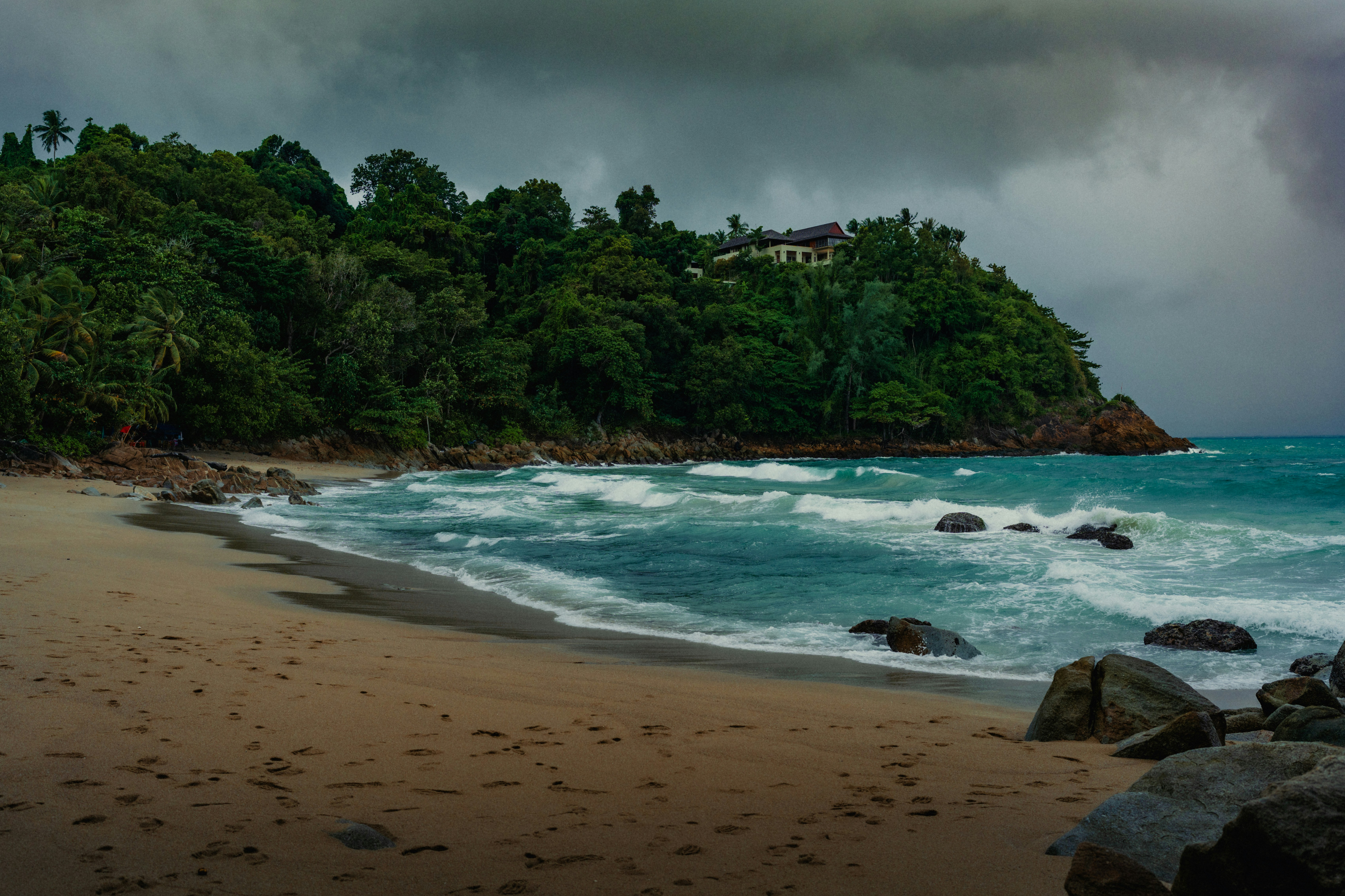 Coastal Cove: A Quiet Beach Surrounded by Green Cliffs