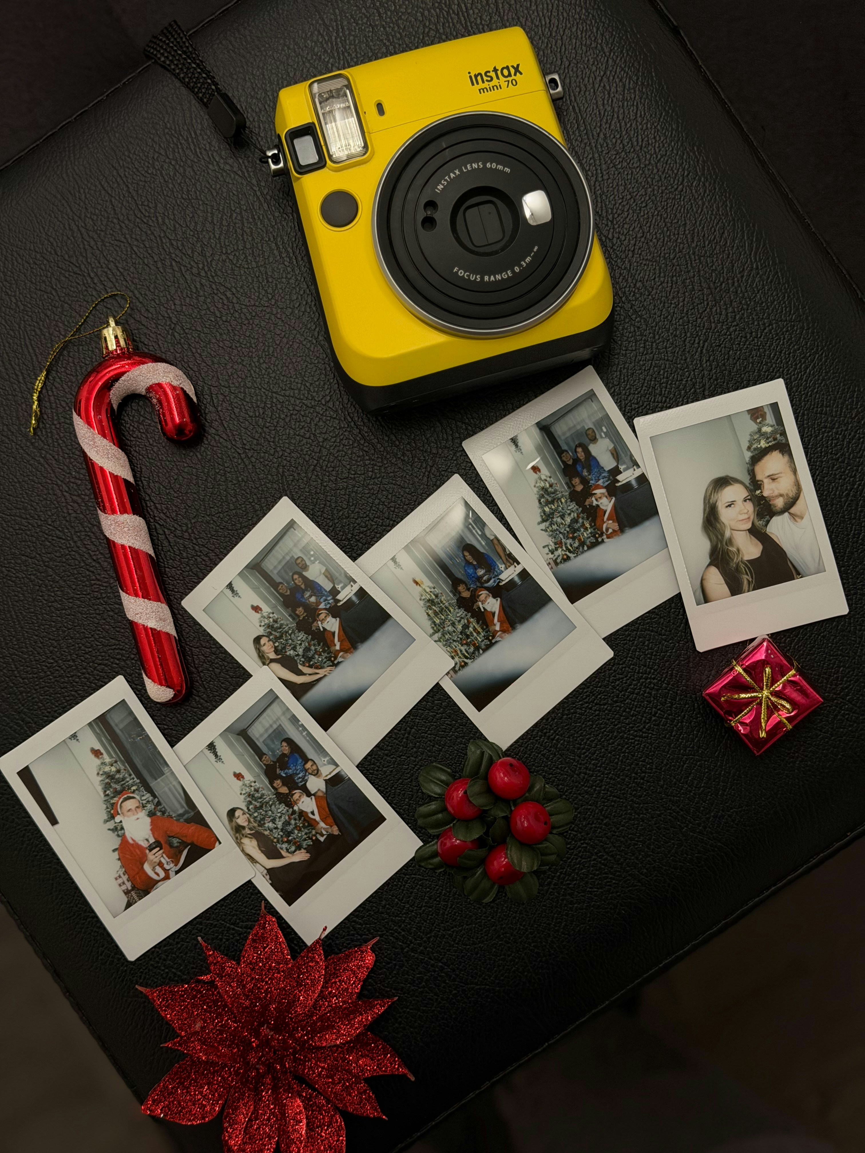 Yellow Polaroid Moment: A Retro Point-and-Shoot Scene on a Black Leather Backdrop