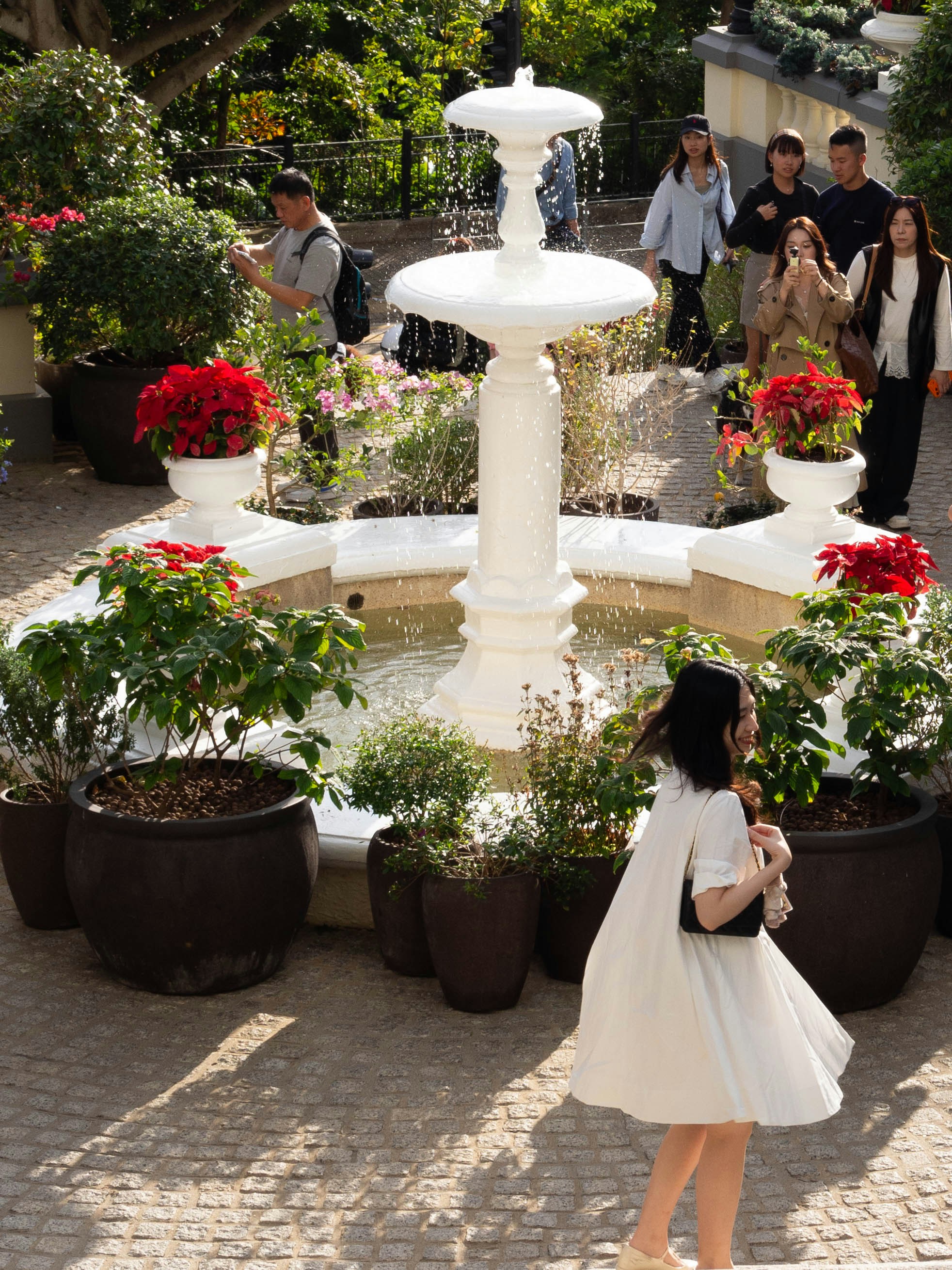 Elegant Plaza Portrait Amid Fountain Blooms