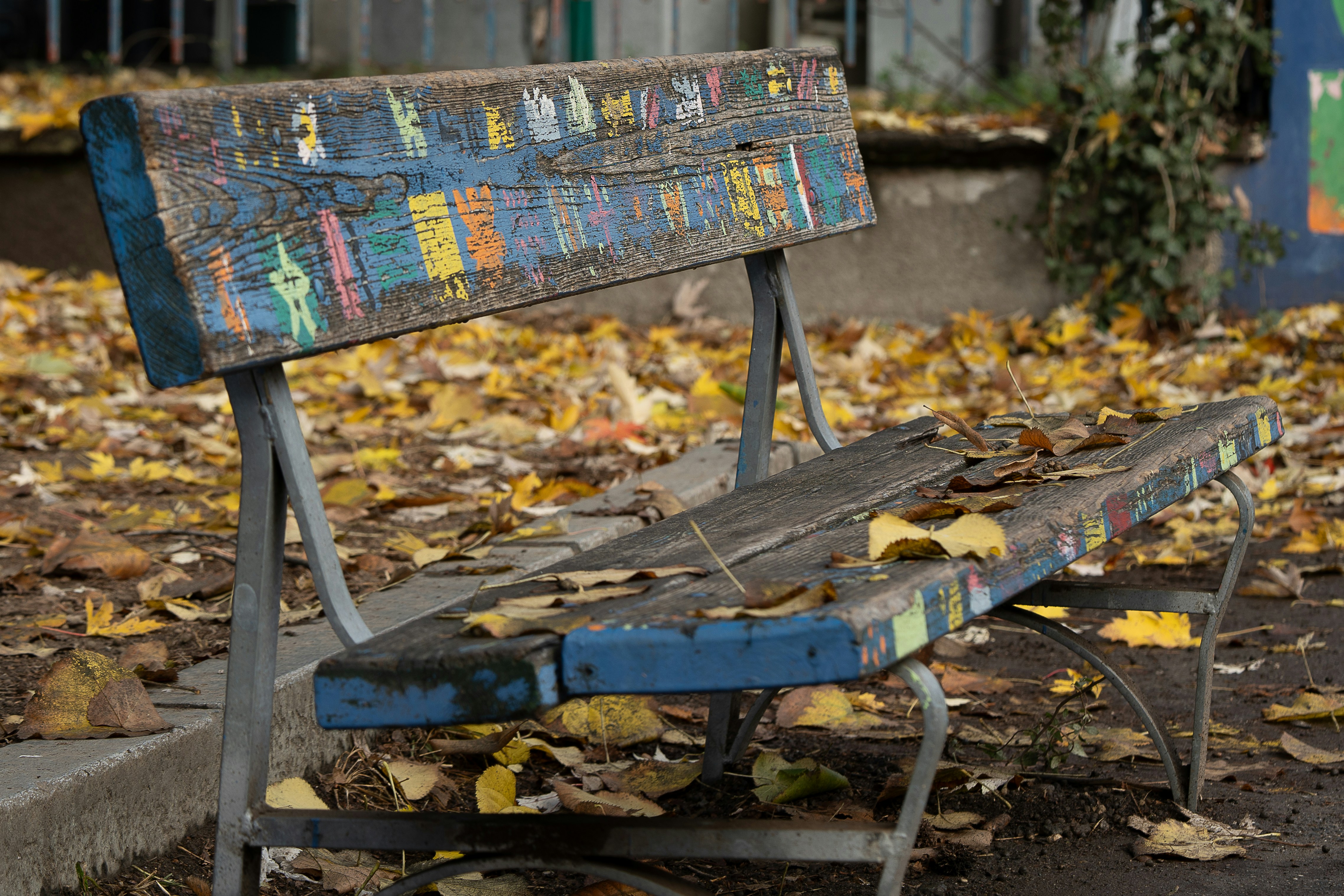 Weathered Playground Bench Amid Fallen Leaves