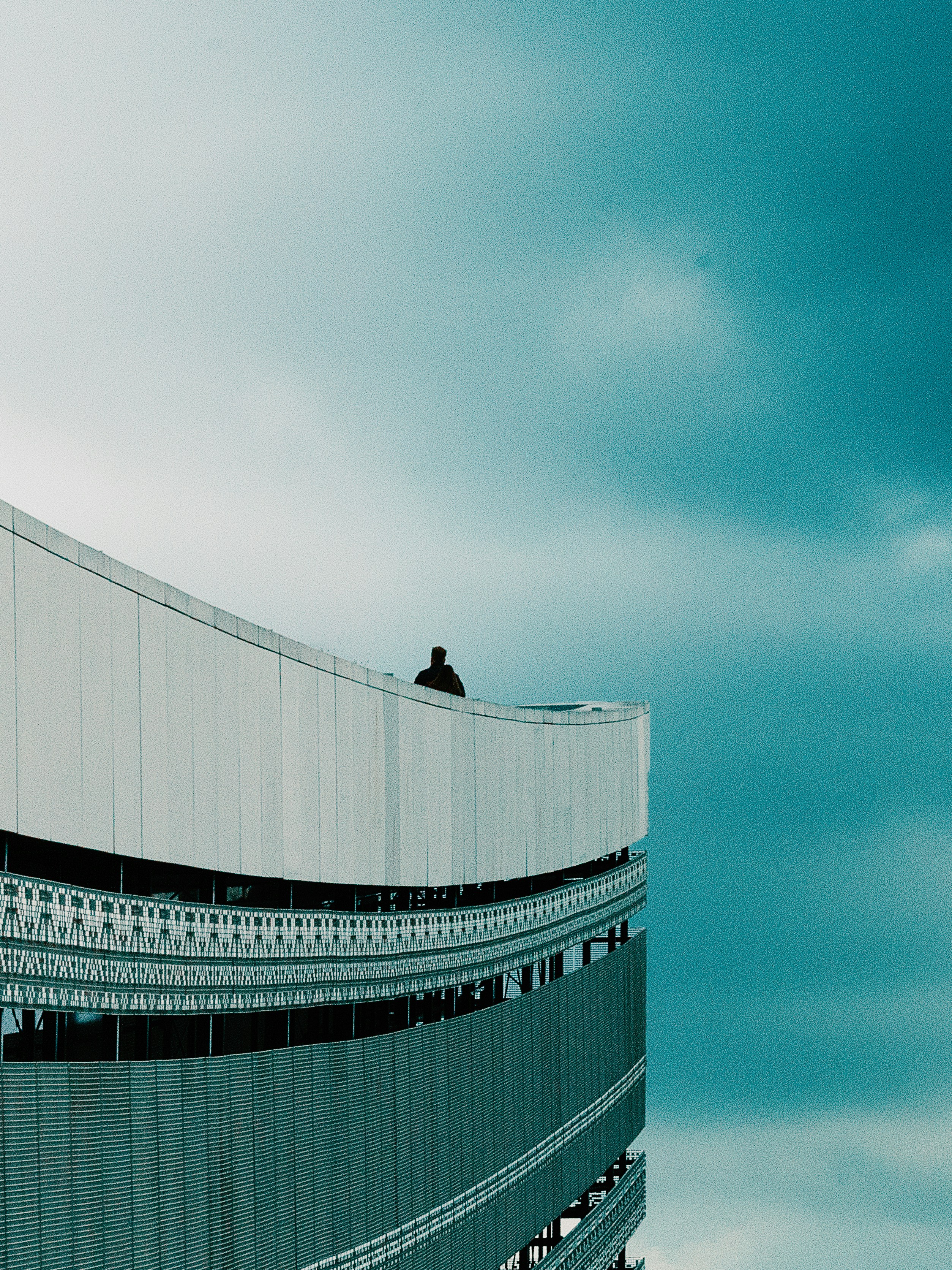 Rooftop Silhouette over a Curved Modern Facade