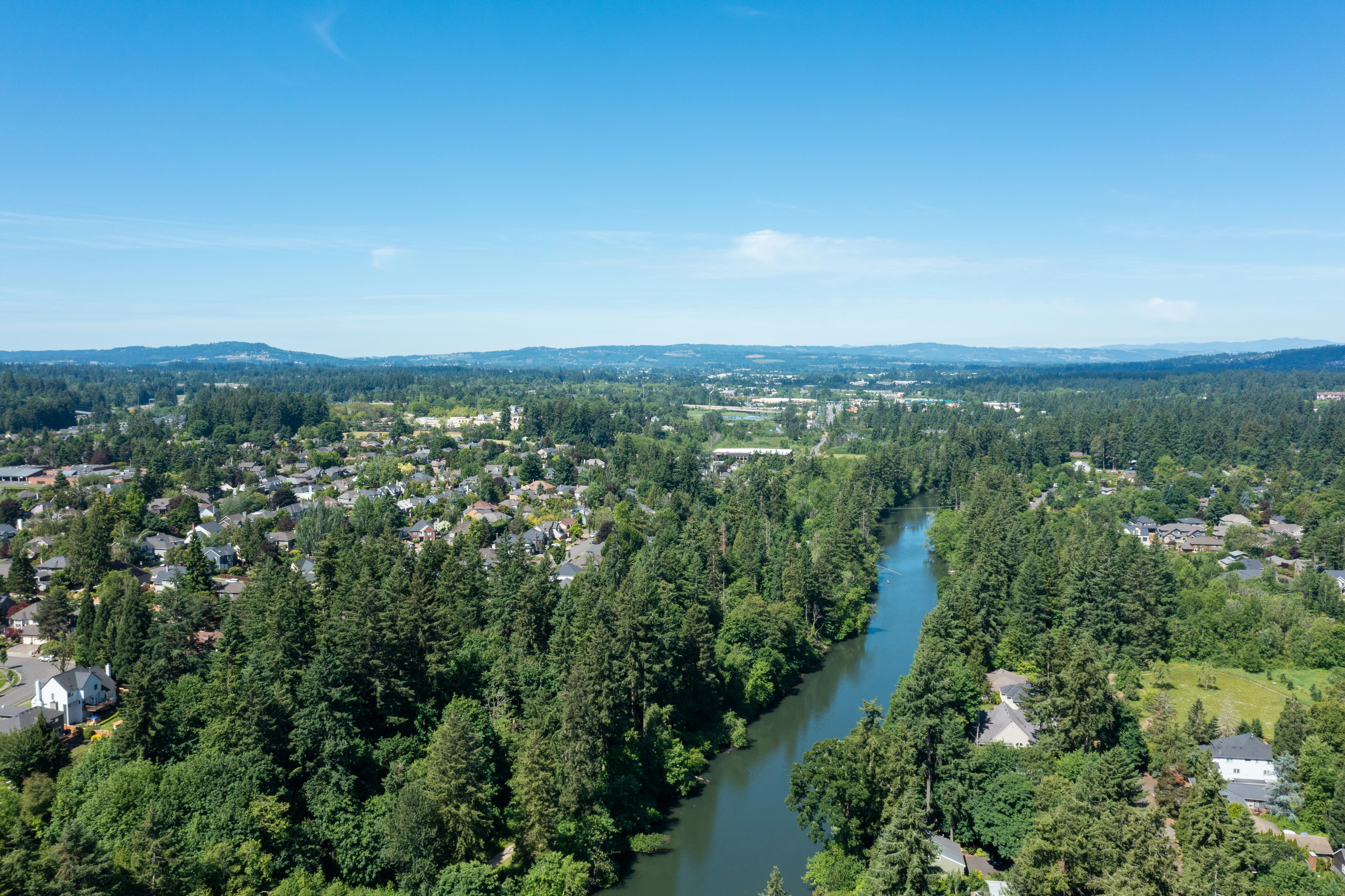 Aerial Calm: River Winding Through the Suburban Forest