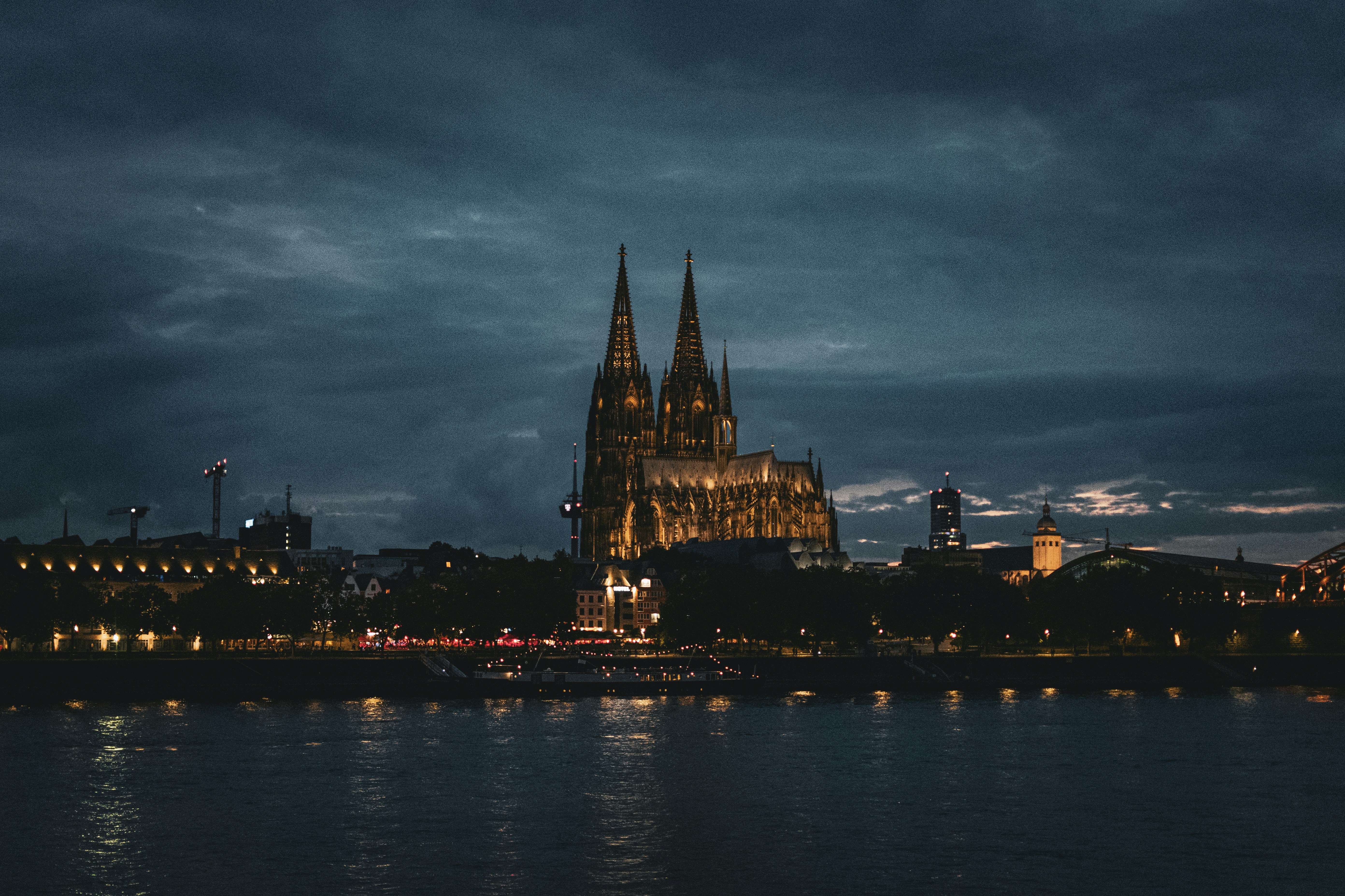 Gothic Cathedral by the Rhine After Dark