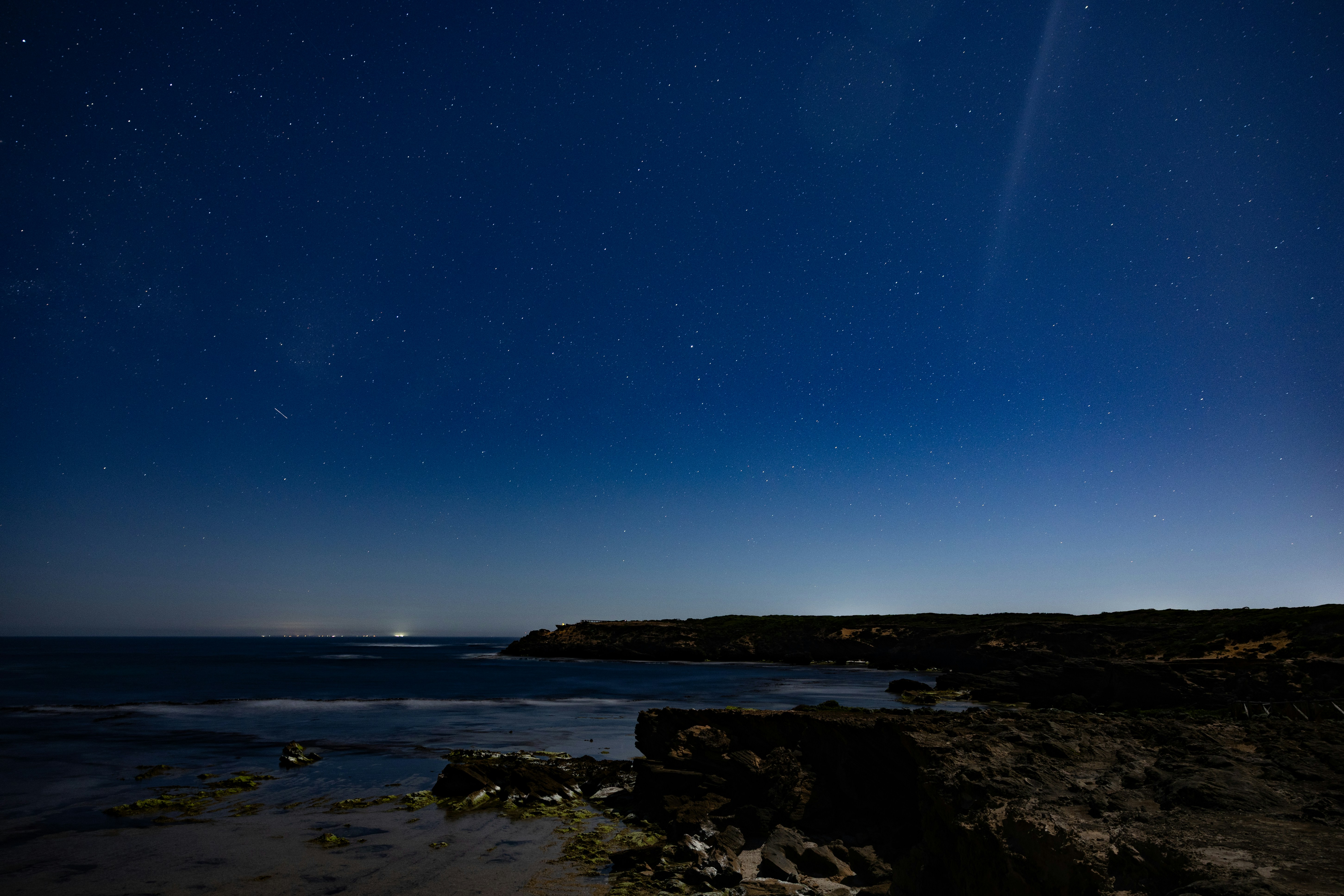 Moonlit coastline under a star-strewn sky